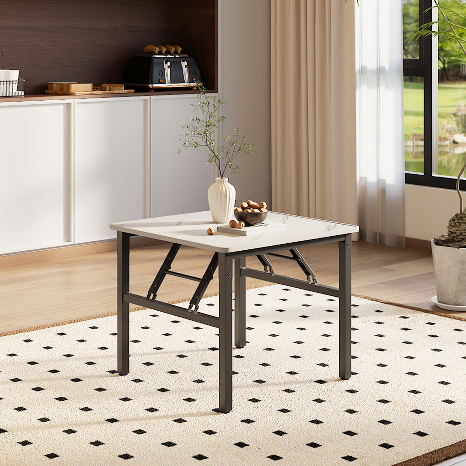 60cm Square Folding Coffee Table with Marble-Effect Top