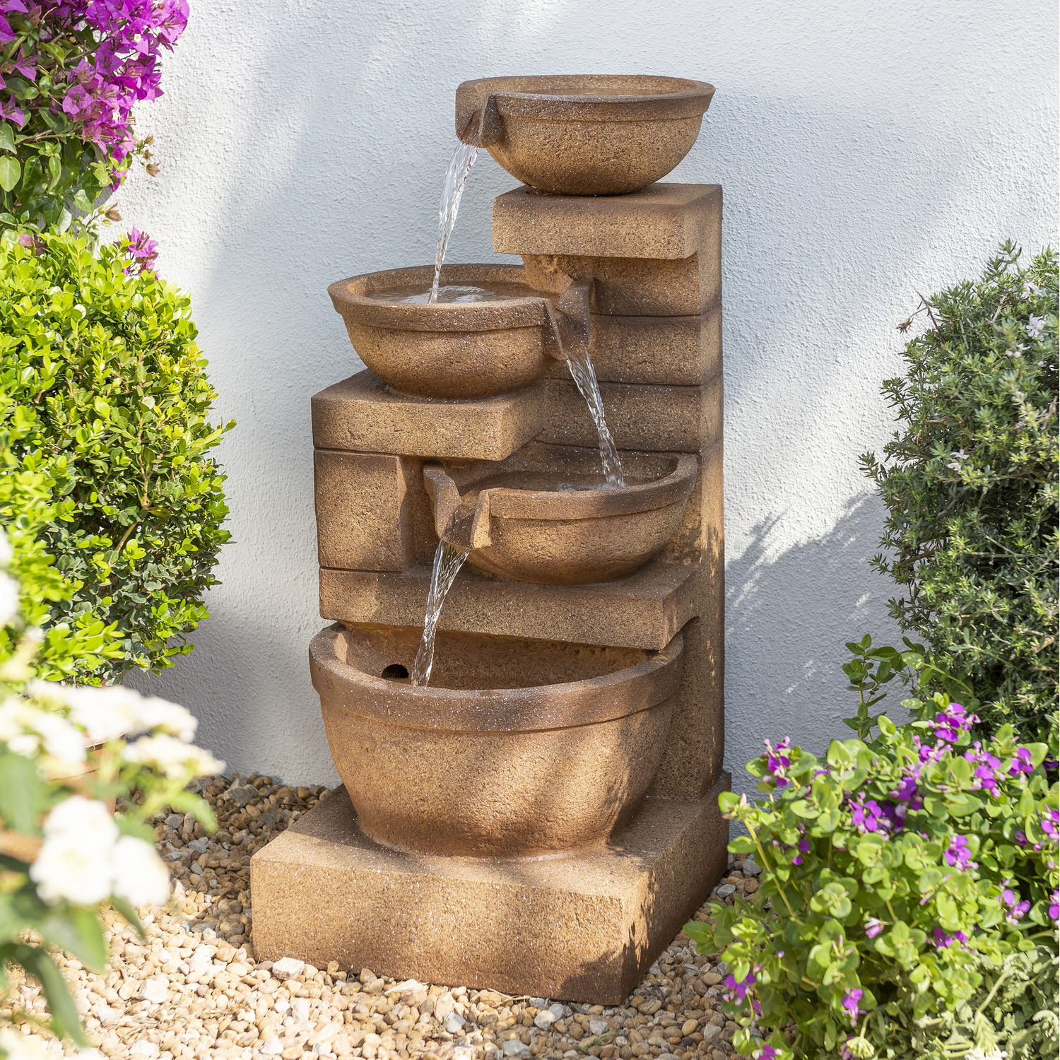 Primrose Kendal 4-Tier Bowl Cascade Water Feature with Lights Brown 86cm