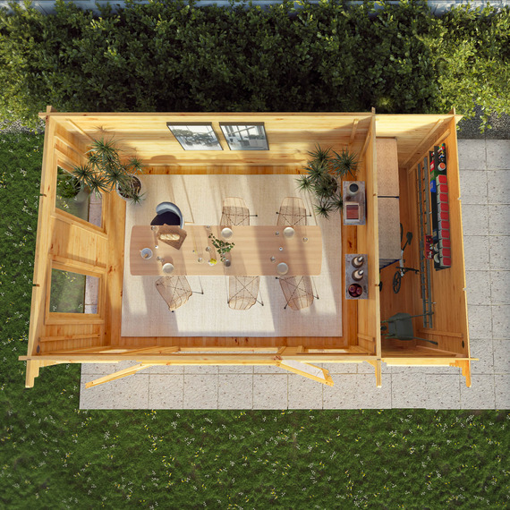 5.1m x 3m Wooden Log Cabin Studio with Side Shed Pent Roof - 28mm Thickness