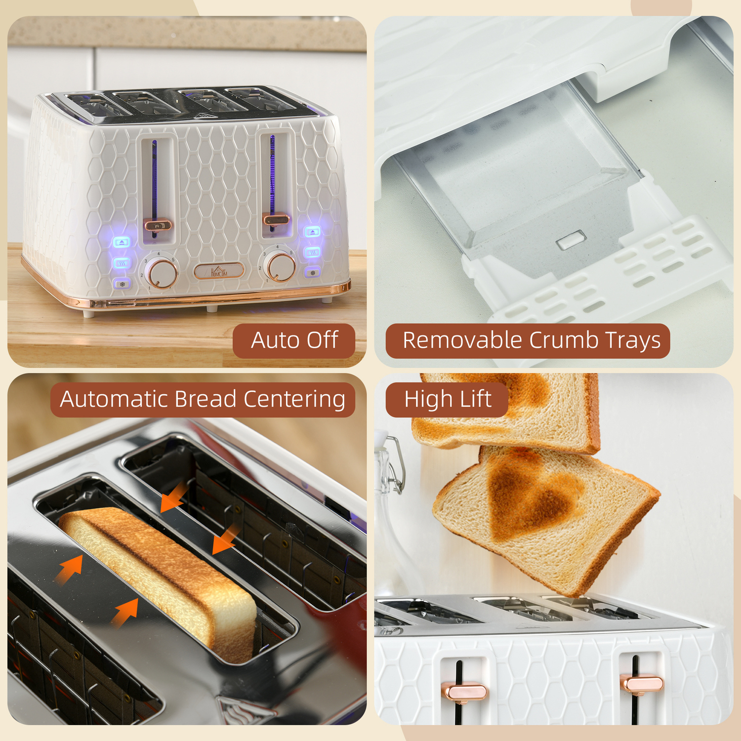 HOMCOM 4 Slice Toaster with 7 Browning Levels High Lift