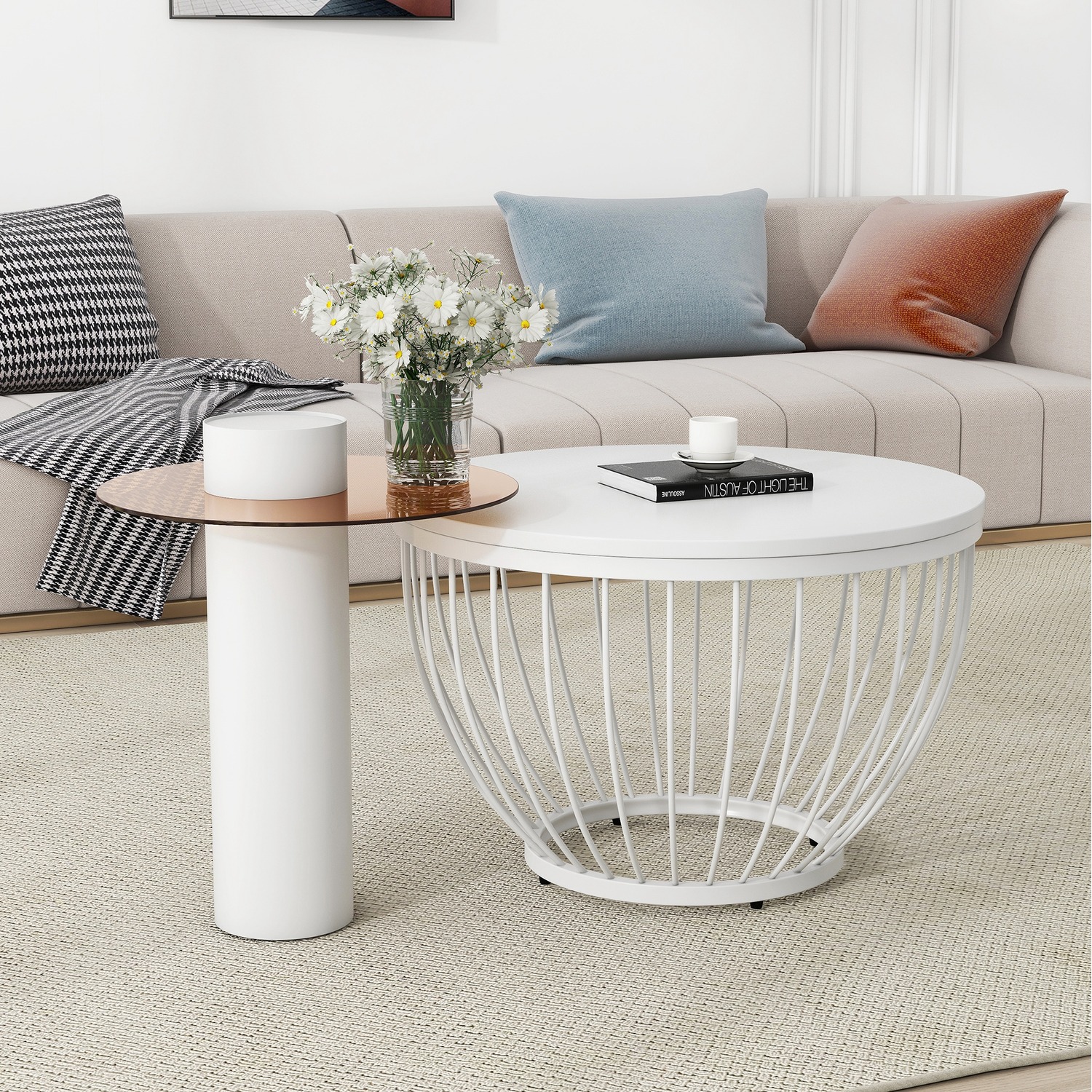 Set of 2 Round Modern Coffee Table with Metal Frame Side Table
