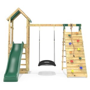Wooden Climbing Frame with Swing, Up-and-Over Climbing Wall and Slide ...
