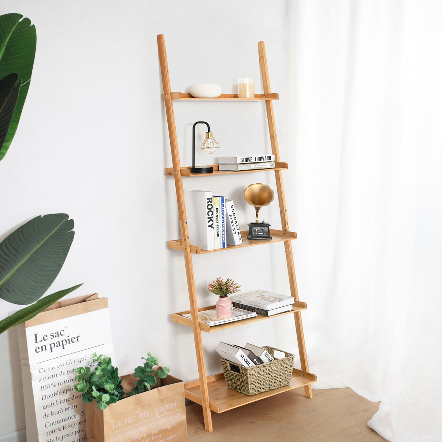 5-Tier Ladder Shelf Display Shelving-Natural
