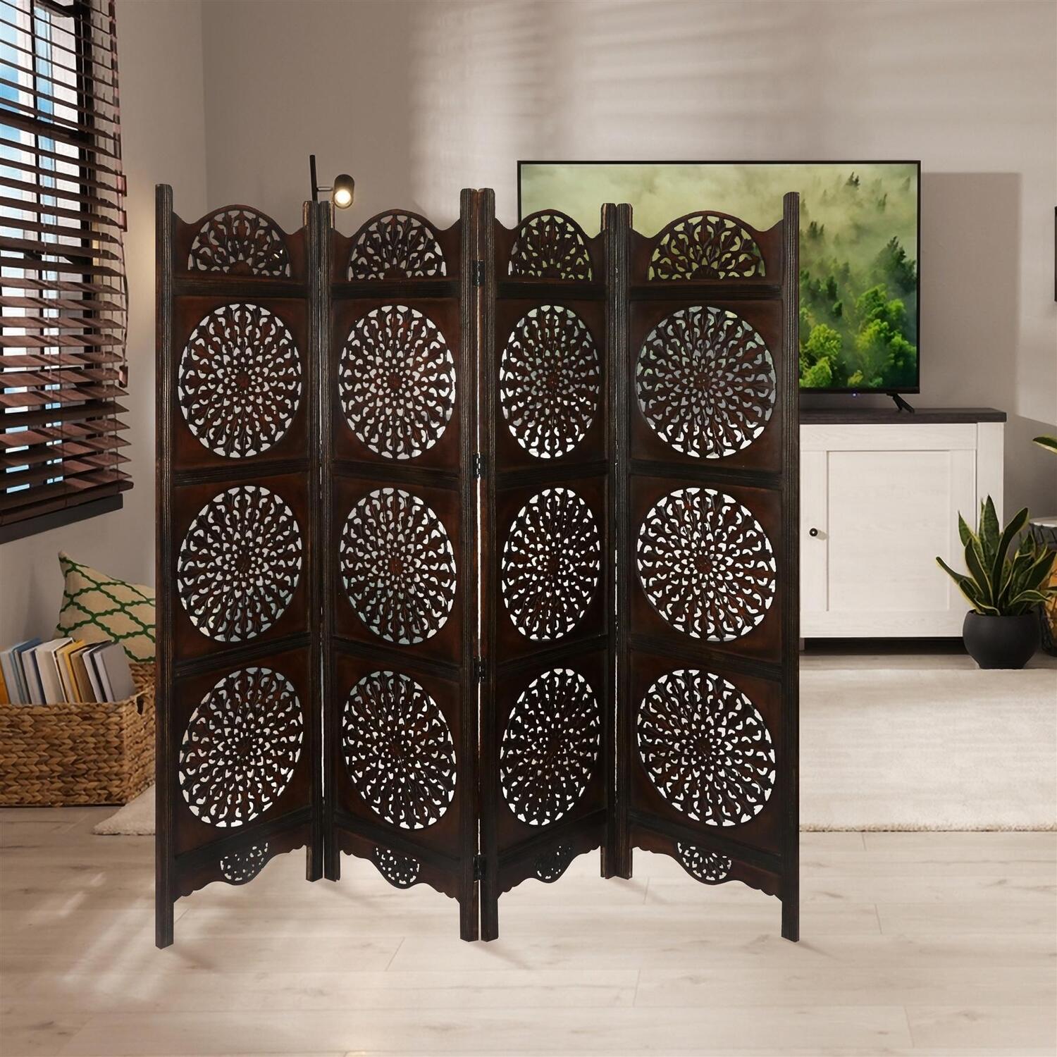 4 Panel Heavy Carved Wooden Room Divider Screen Sticker