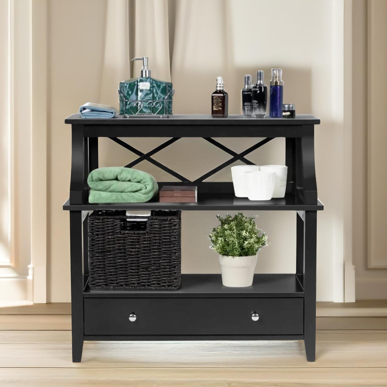 Modern 3 Tier Console Table With 2 Drawers and Storage Shelves