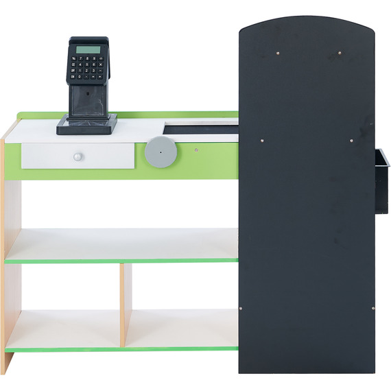 Wooden Play Cashier Checkout Stand with 26 Accessories, Green and White