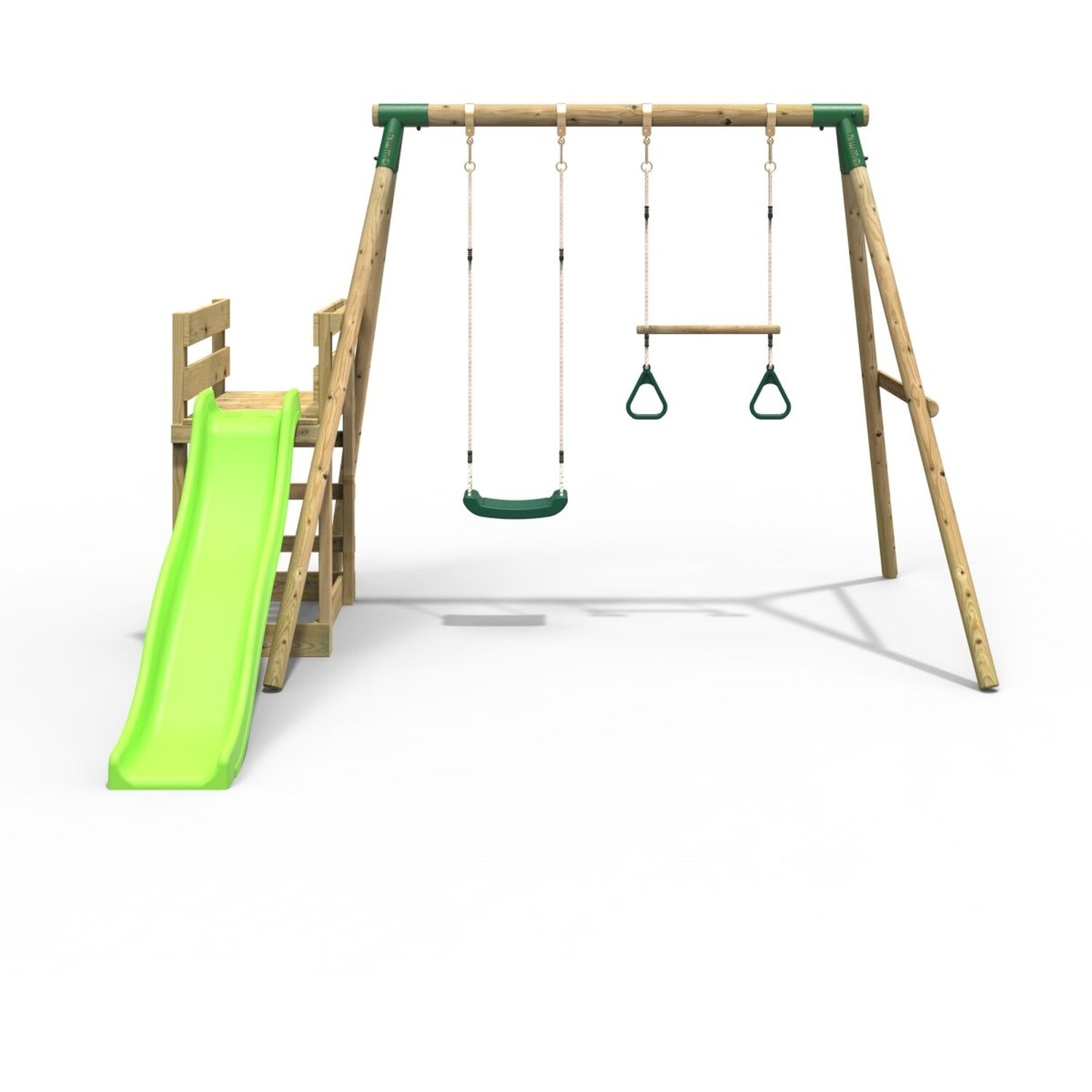 Wooden Double Swing Set with Trapeze Bar and Slide - Janus