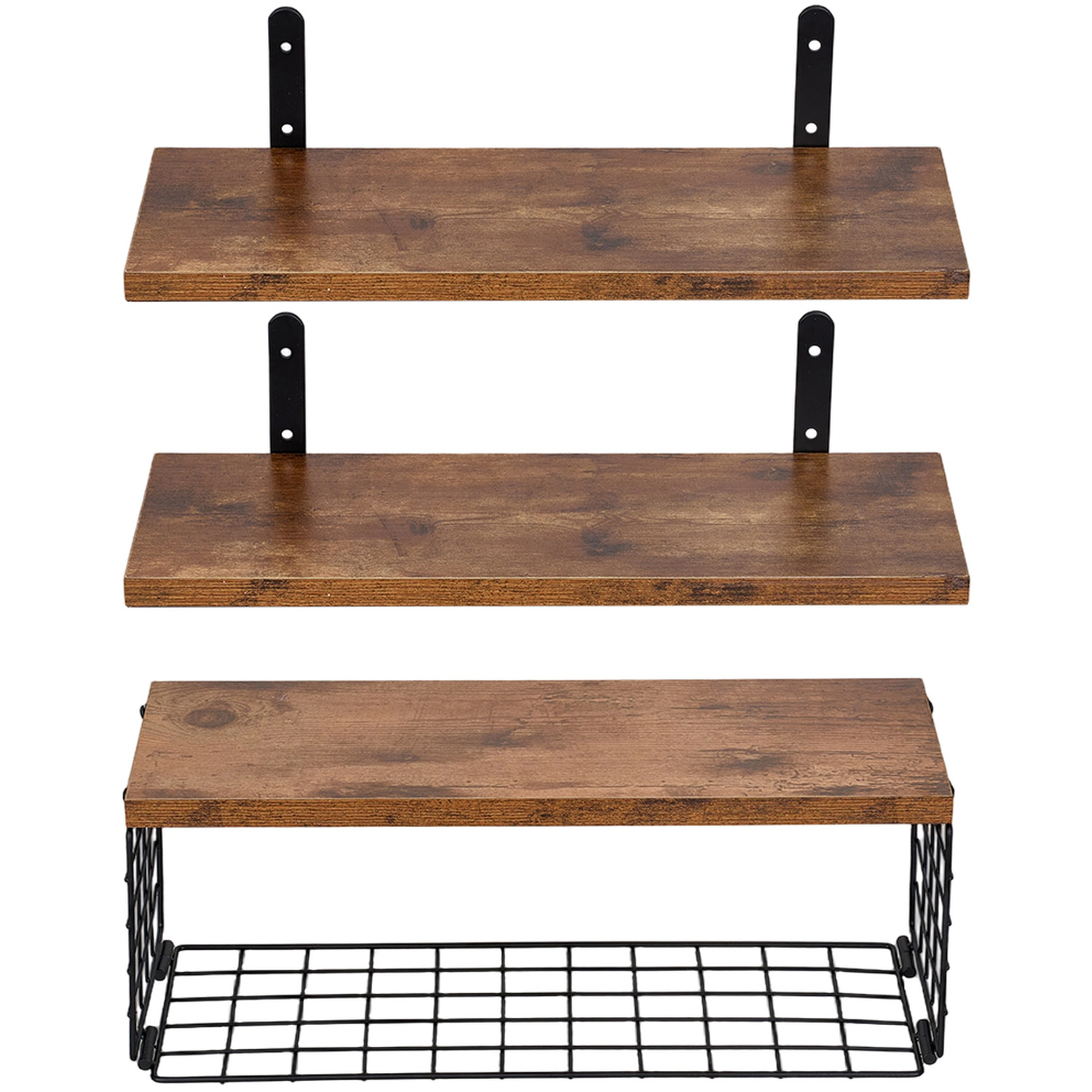 4-Tier Wall-Mounted Floating Shelves with Wire Basket