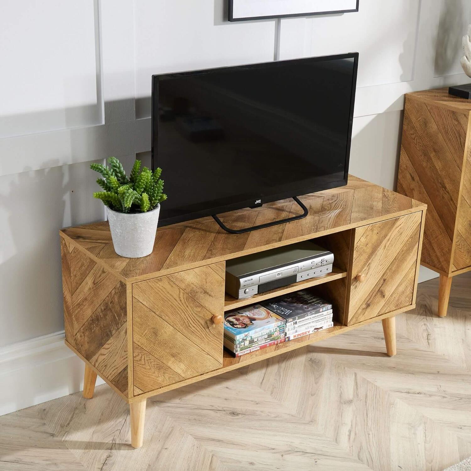 Home Source Dallas 2 Door Herringbone TV Stand Storage Unit