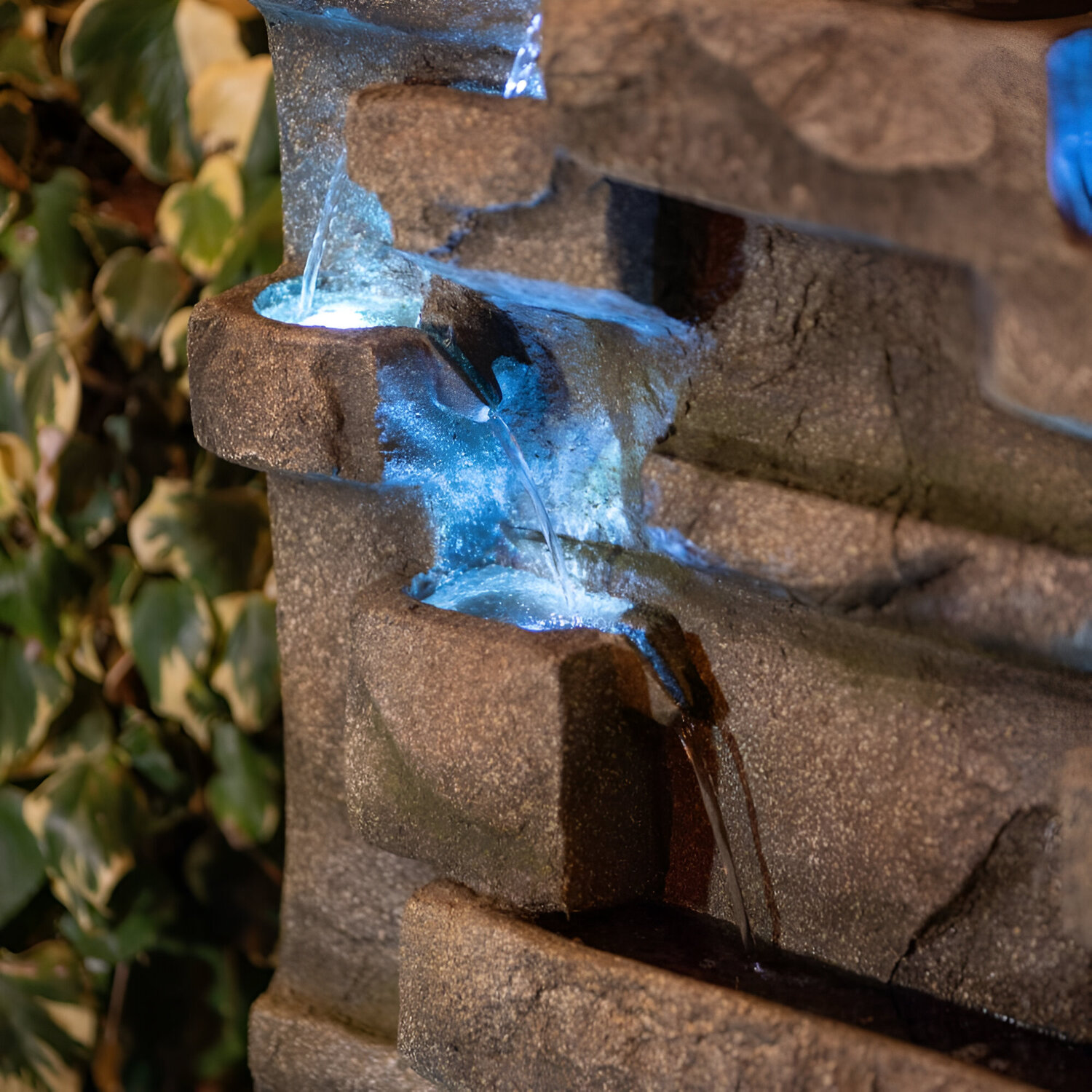 Stone Tiered Water Wall and Planter with LED Lights