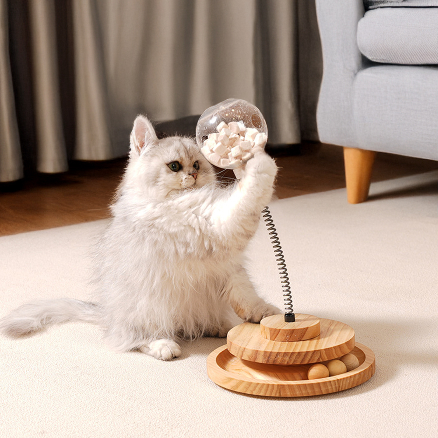 Interactive Spring Cat Toy with Treat Dispenser Ball