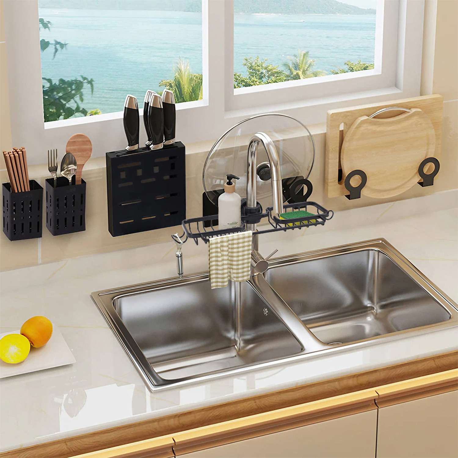Livingandhome Aluminium Faucet Sink Rack with Hooks