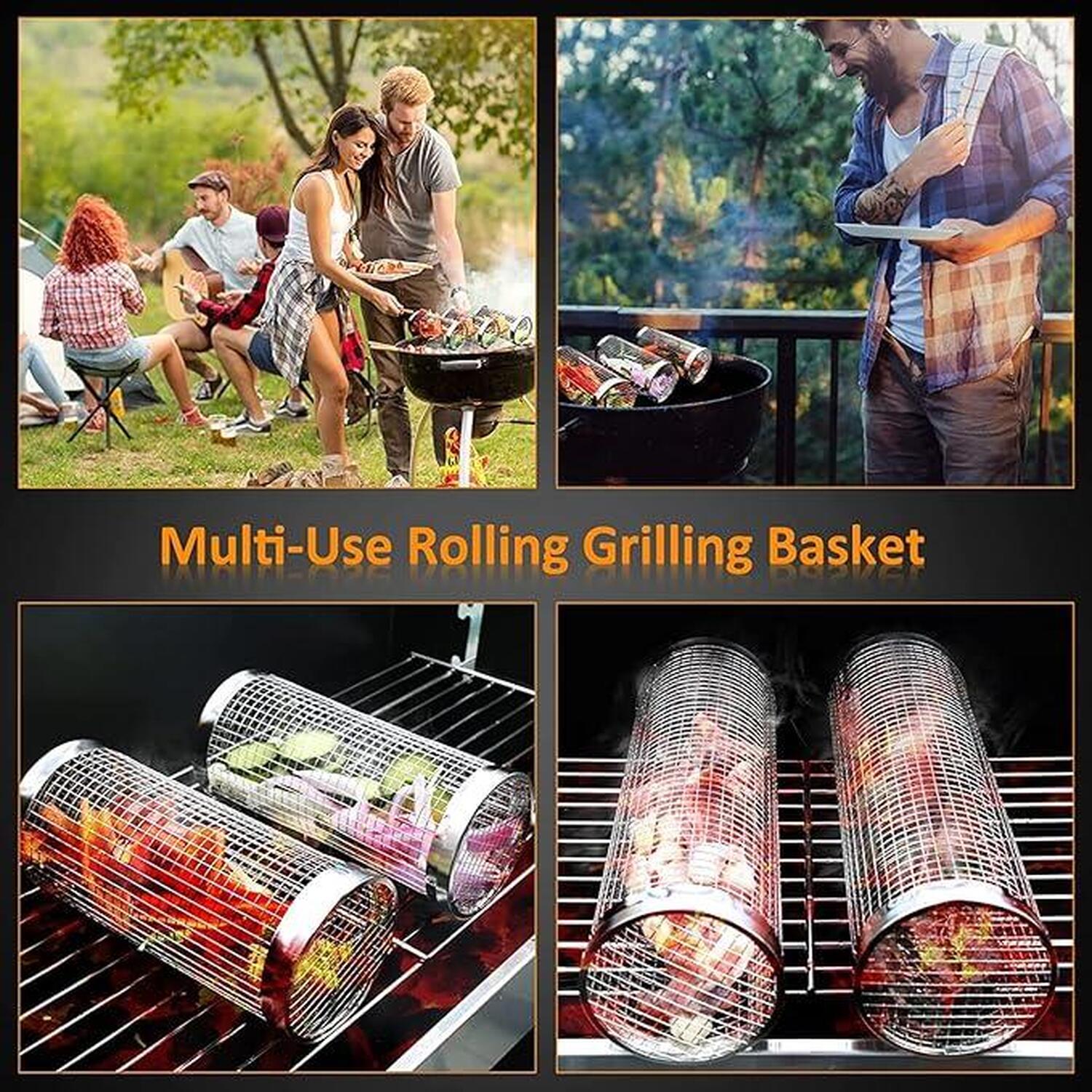Stainless Steel Rolling BBQ Grill Basket for Vegetables Fish Meats