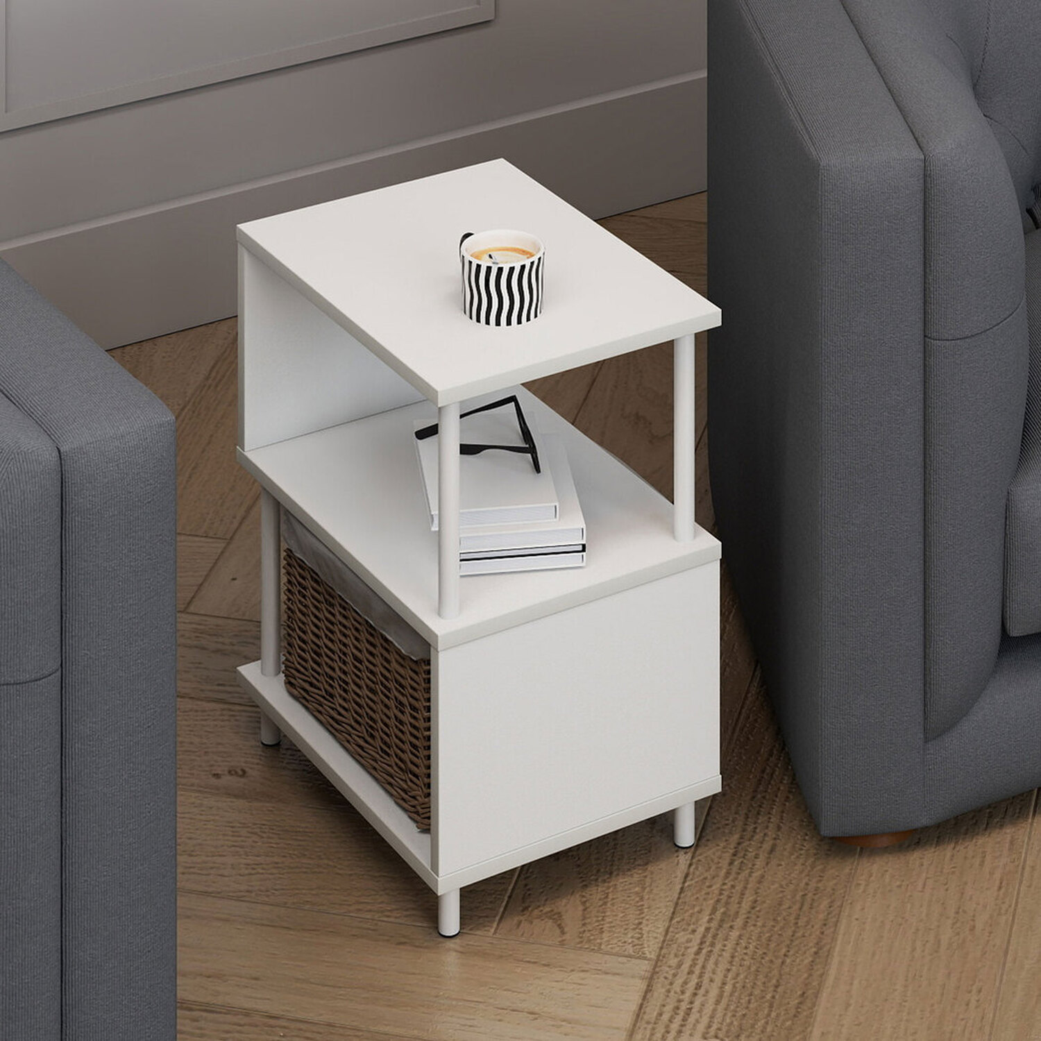 Side Table 3 Tier Staggered Shelf Design