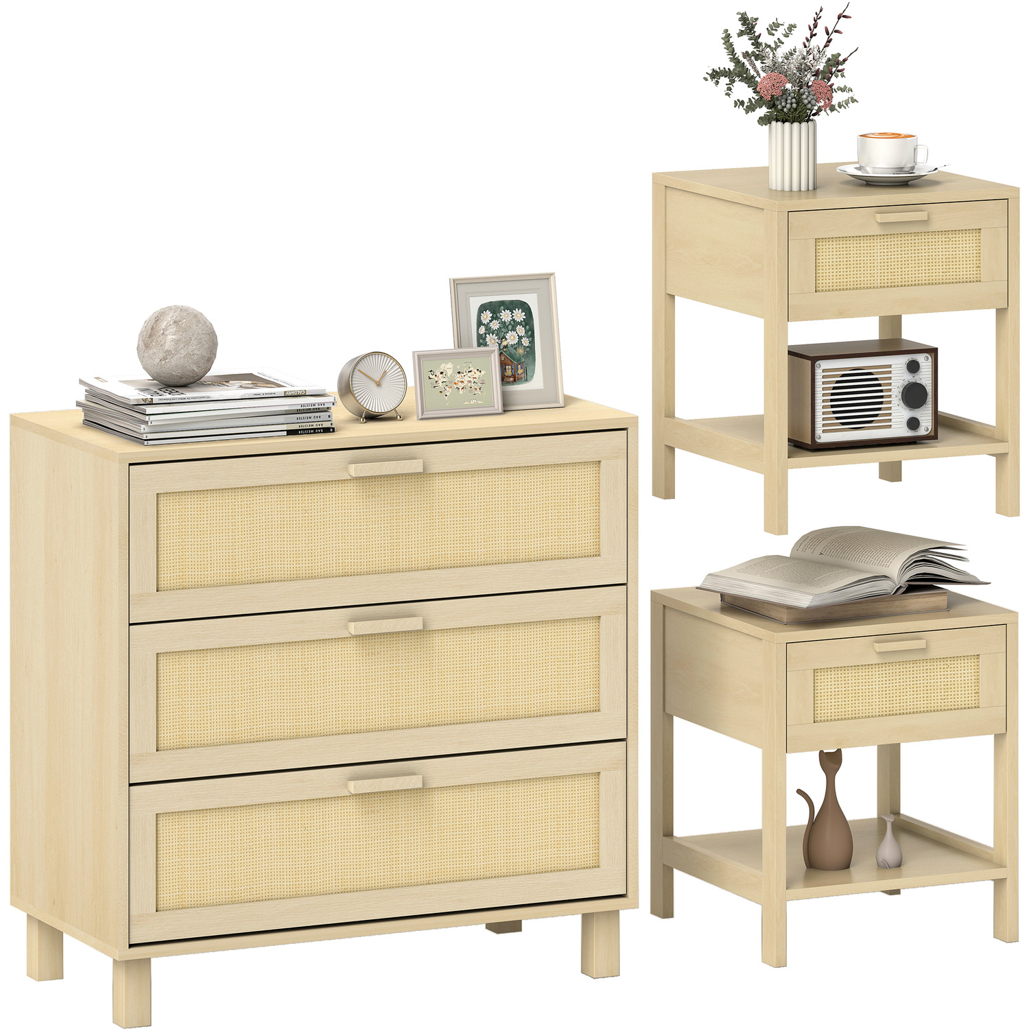 HOMCOM Chest of Drawers and Nightstand, Boho Rattan Furniture Set