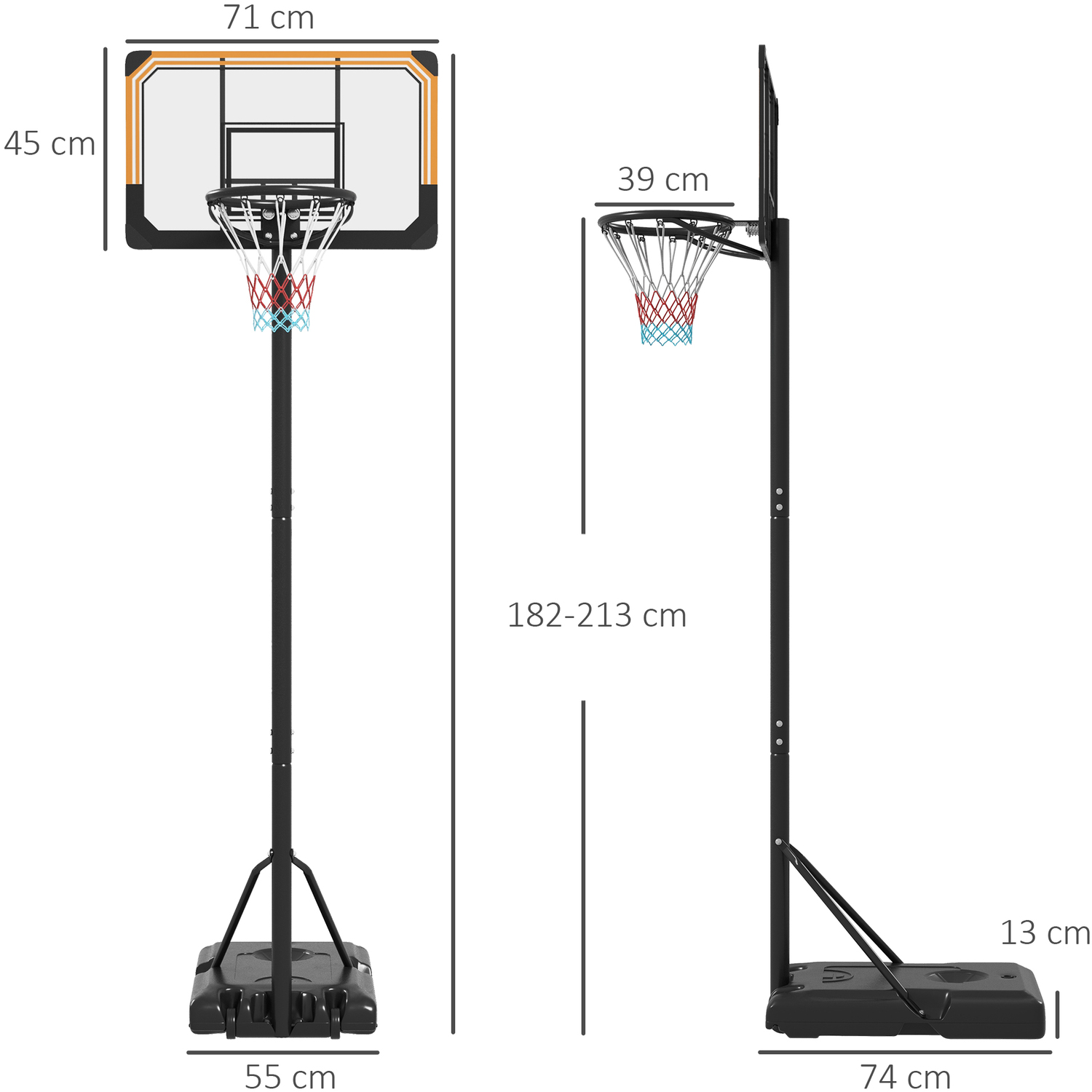Basketball Backboard Hoop Net Set with Wheels, 182-213cm, Black