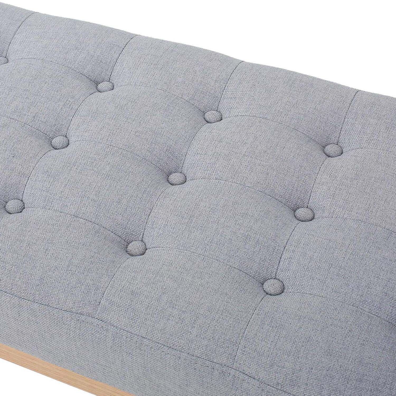 Upholstered Light Grey Bench Seat Padded Buttoned Oak Frame