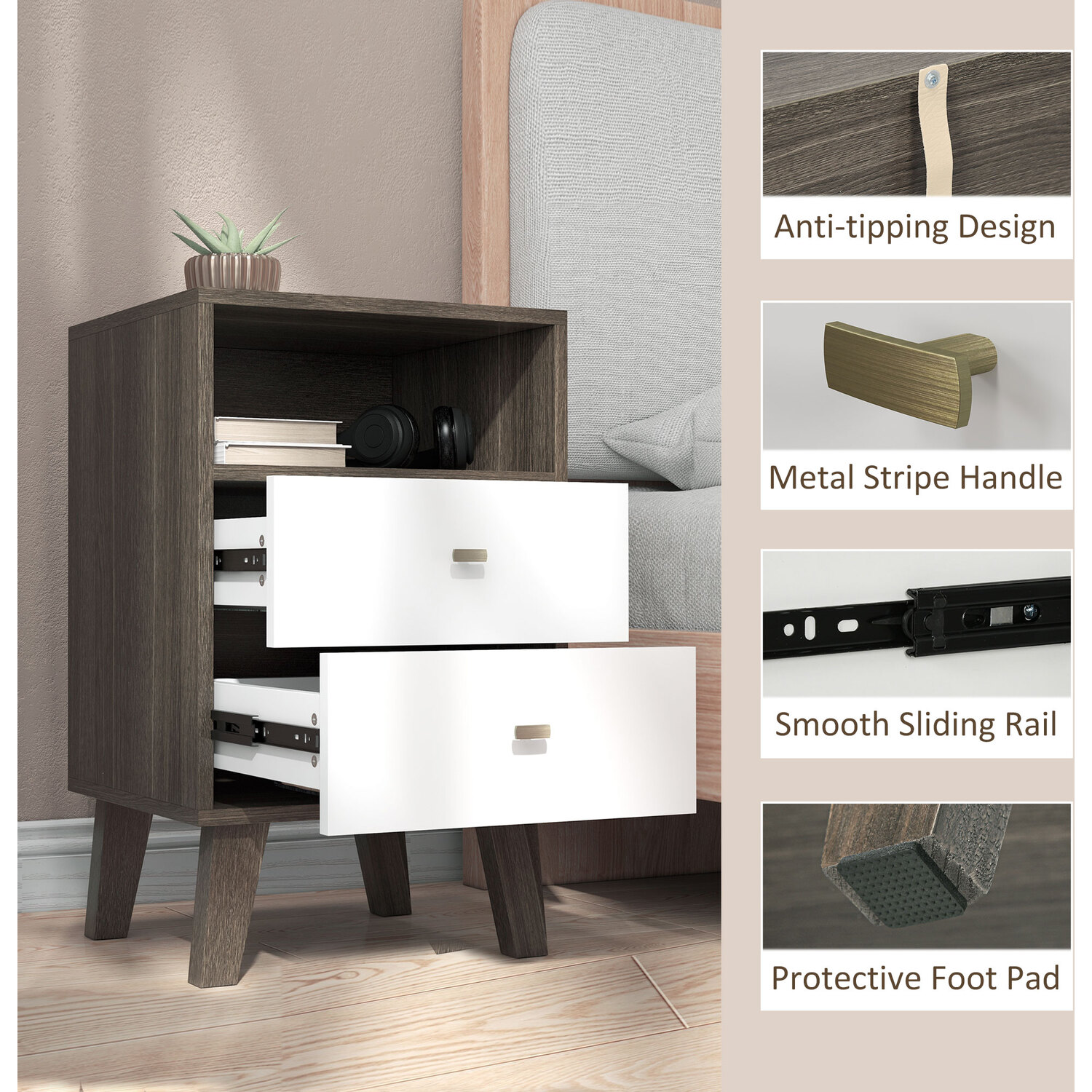 HOMCOM Bedside Tables Set of 2 with 2 Drawers Open Cubby