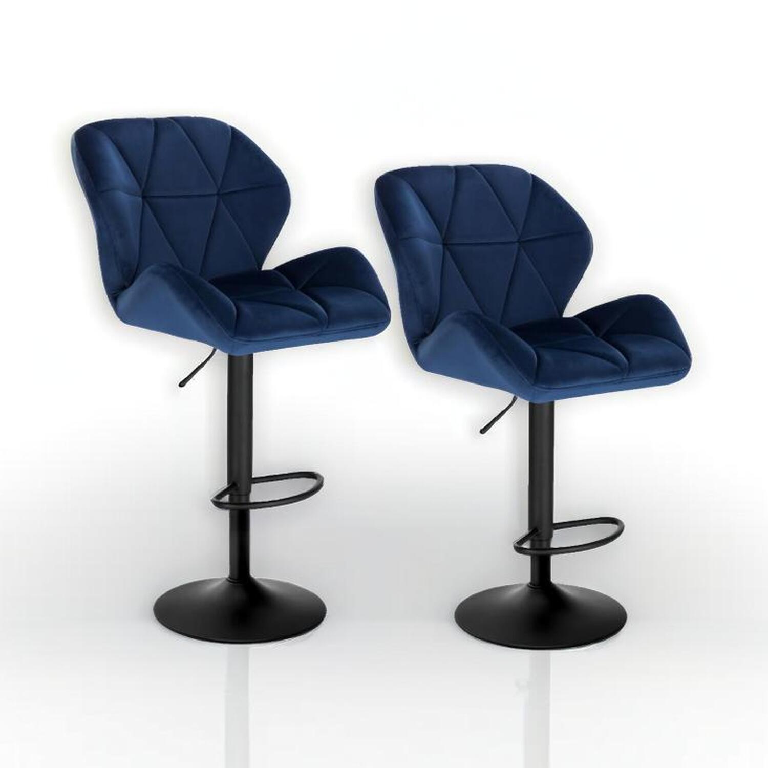 Set of 2 Blue Velvet Bar Stools Adjustable Swivel Bar Chairs