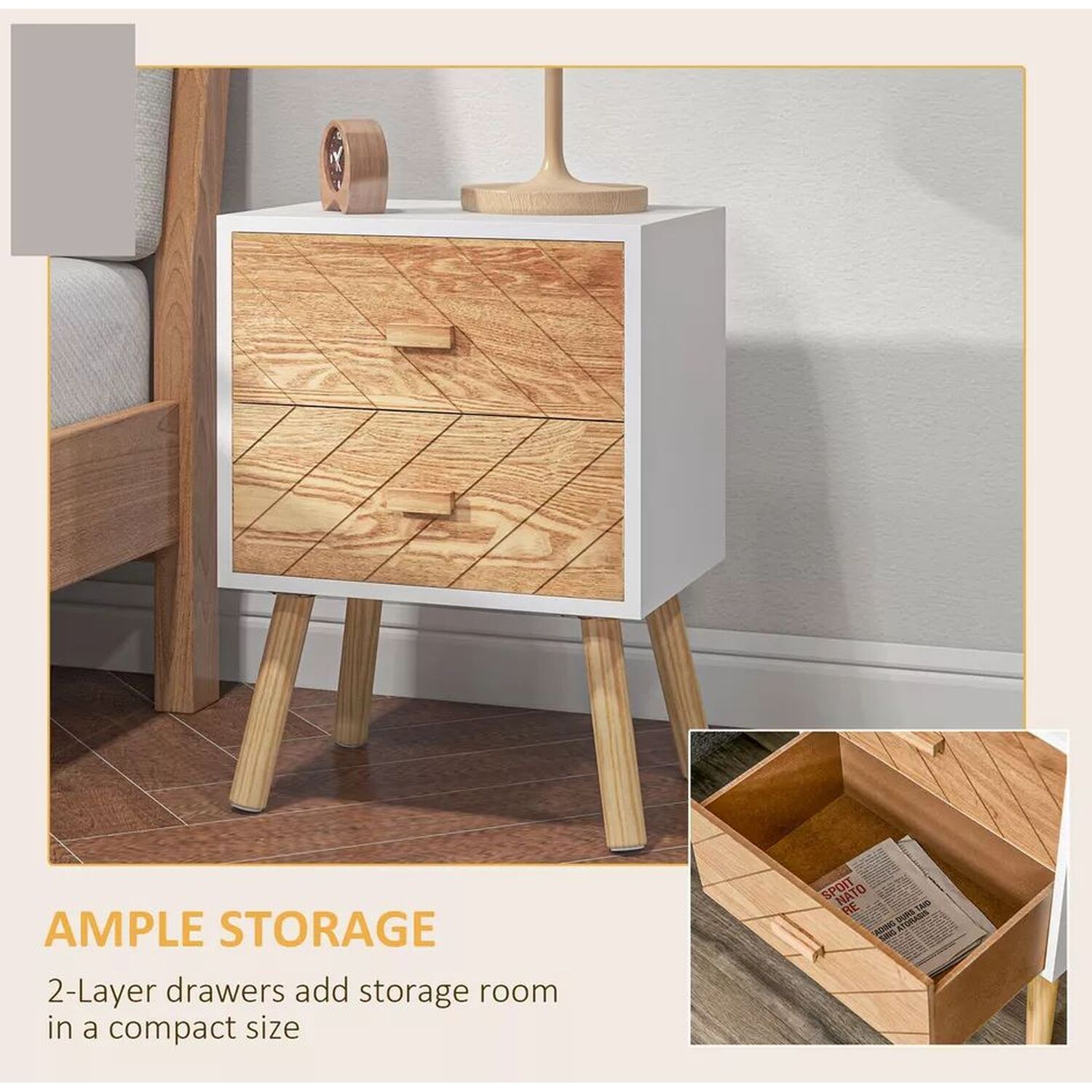 Wooden Chevron Bedside Table With 2 Drawers