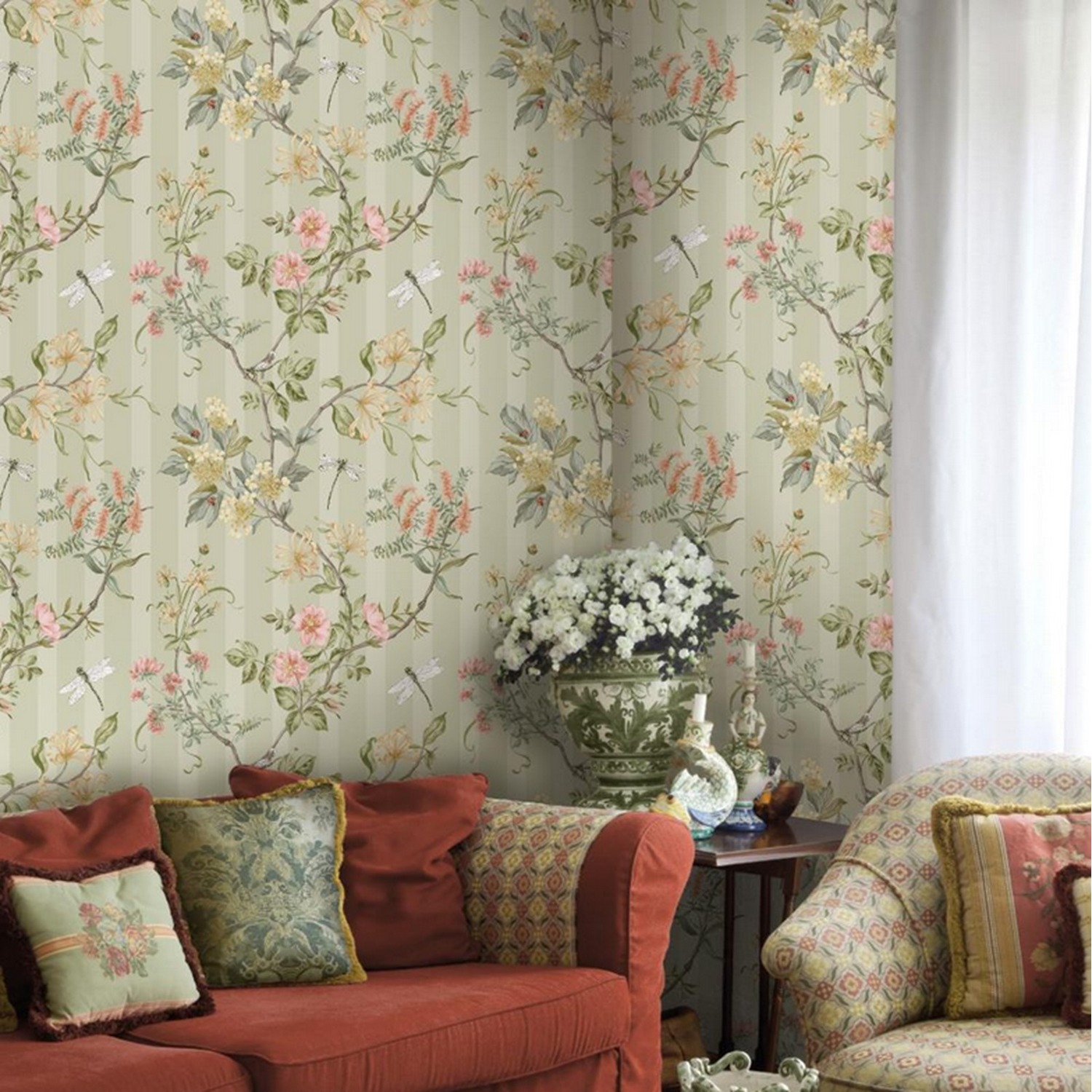 Hampton Gardens Stripe Floral Leaves Damselfly Wallpaper