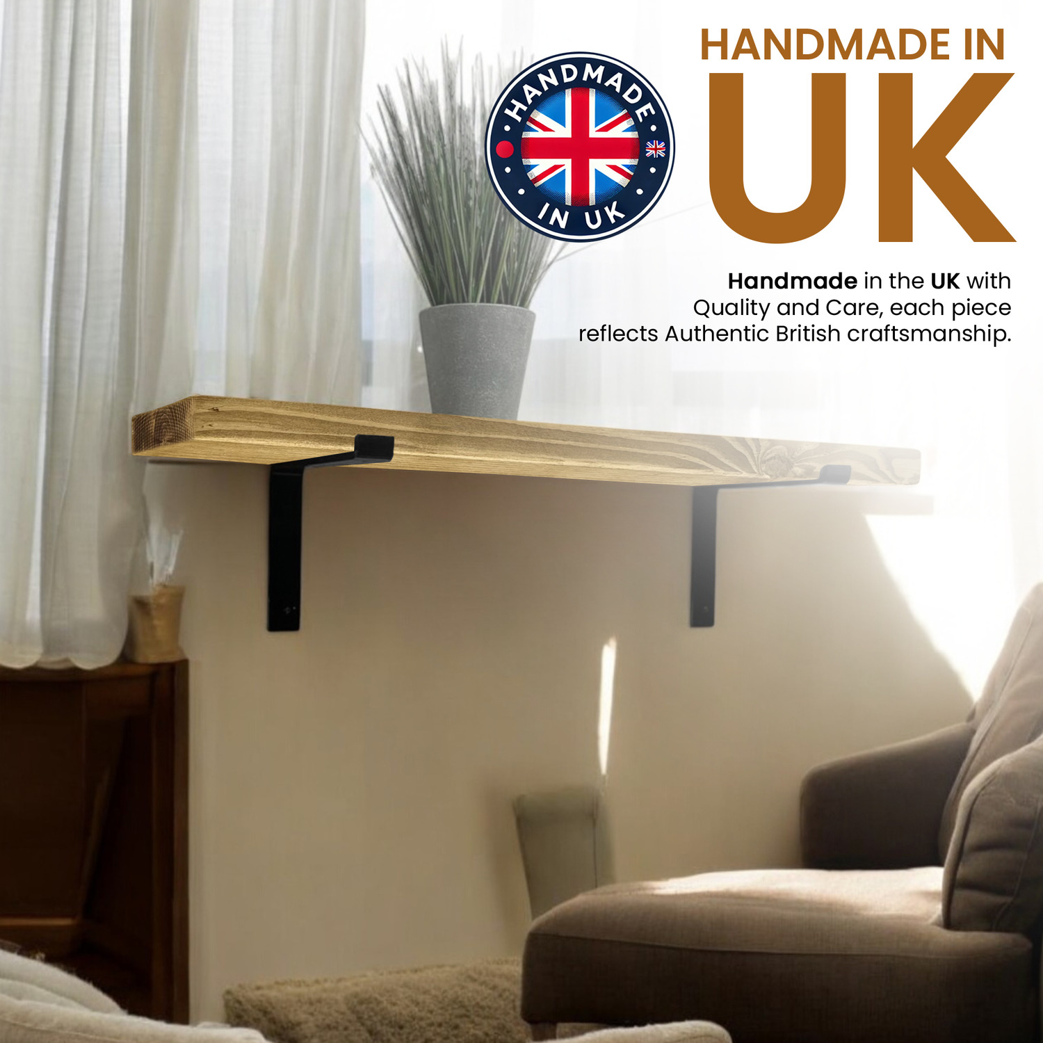 Rustic Wooden Shelf Dark Oak Handcrafted Shelf with Inverted Brackets