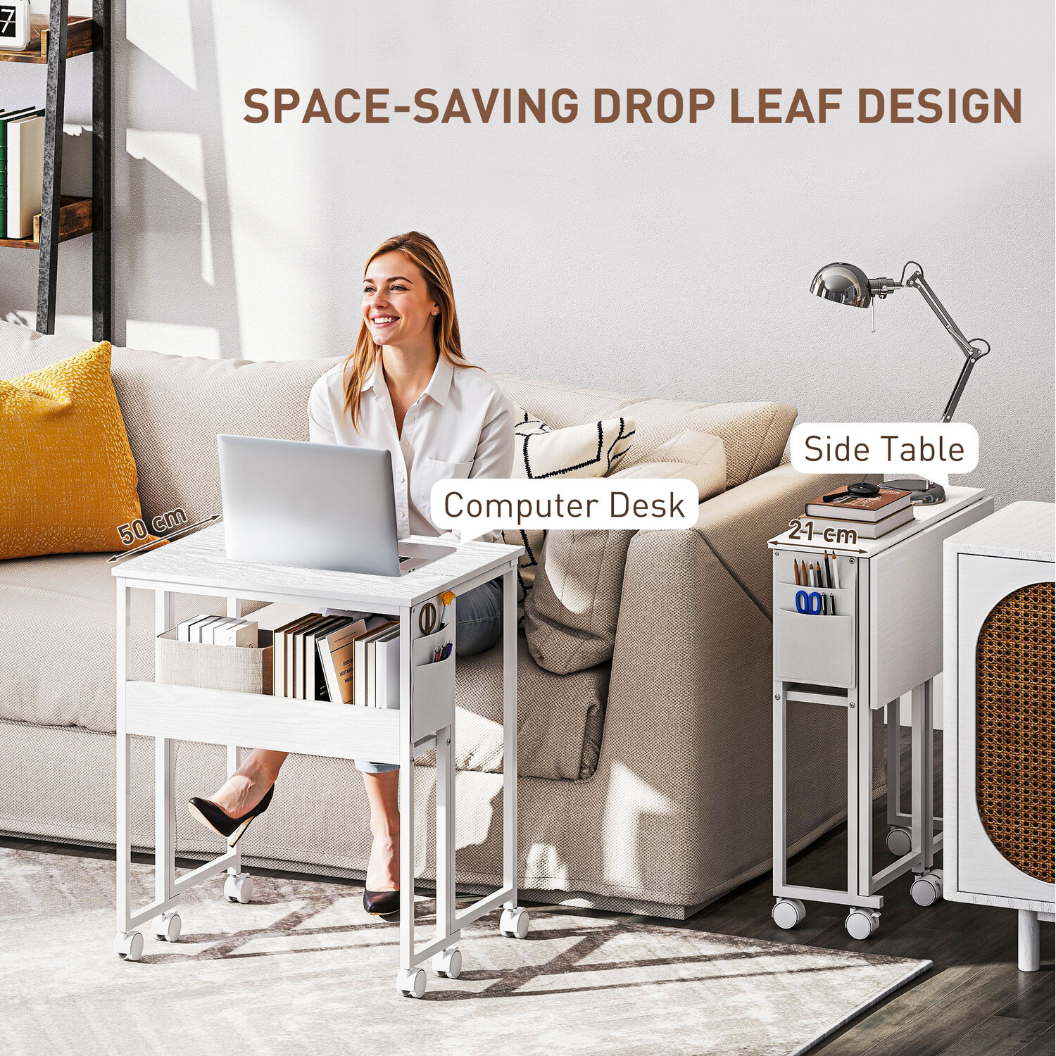 HOMCOM Folding Desk with Open Shelf Storage Bag on Wheels