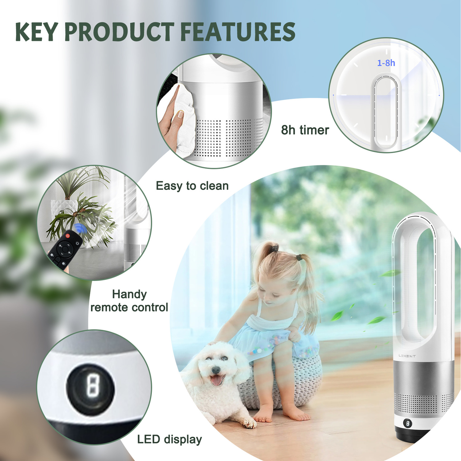 Remote Controlled Bladeless Tower Fan 8 Speeds