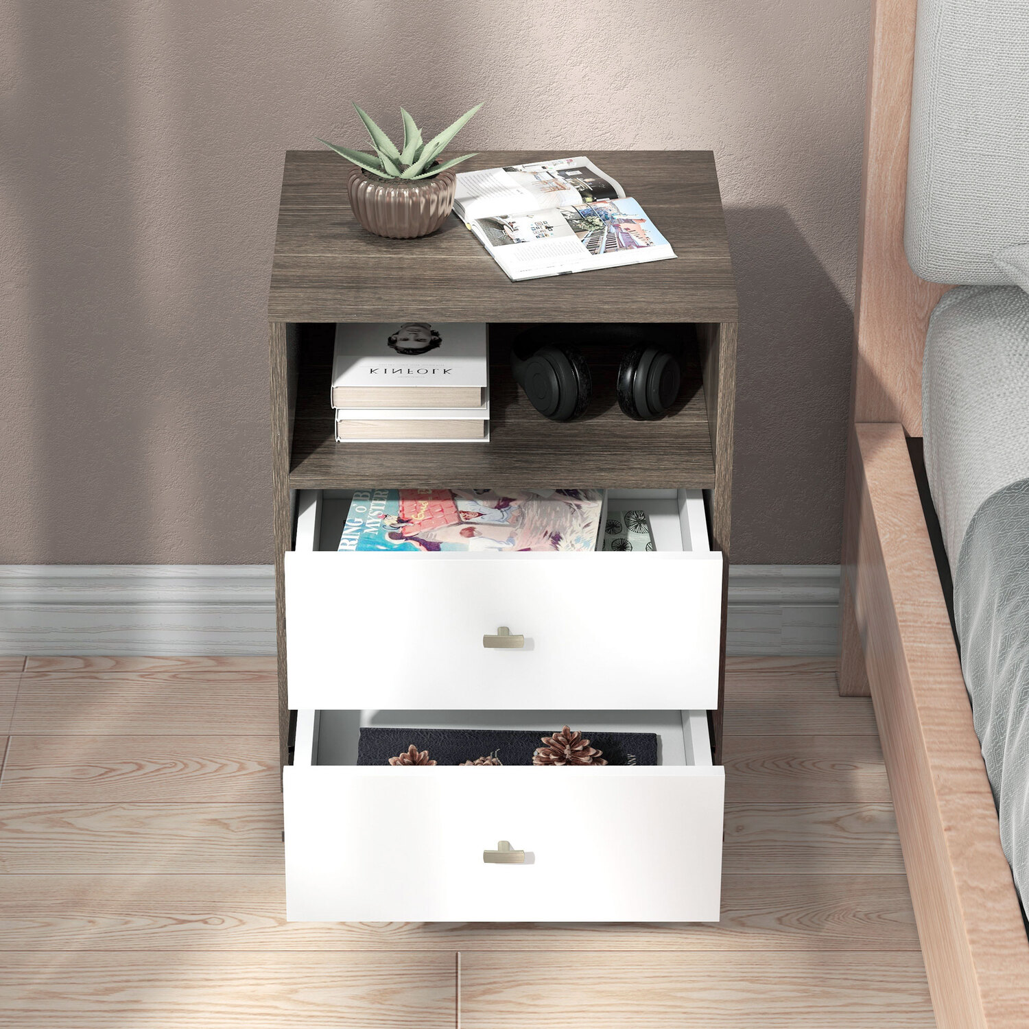 HOMCOM Bedside Tables Set of 2 with 2 Drawers Open Cubby