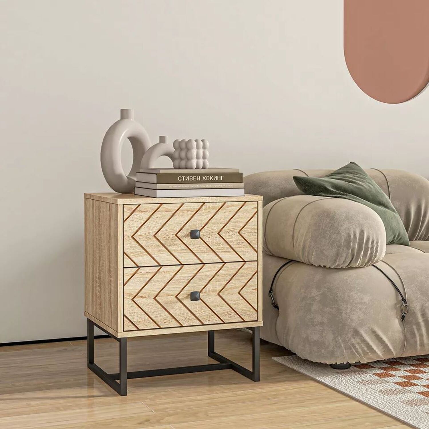 Natural Chevon Bedside Table with Drawers