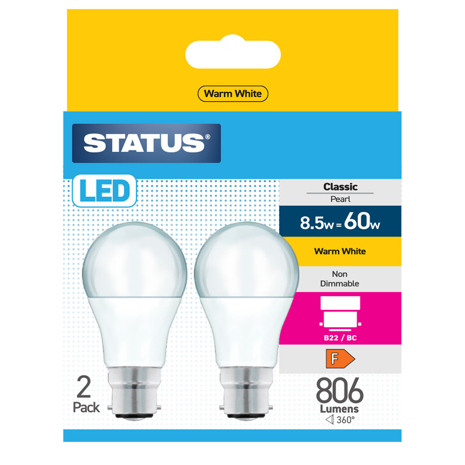 Pack of 2 Status 8.5w=60w LED GLS B22 Pearl Bulbs