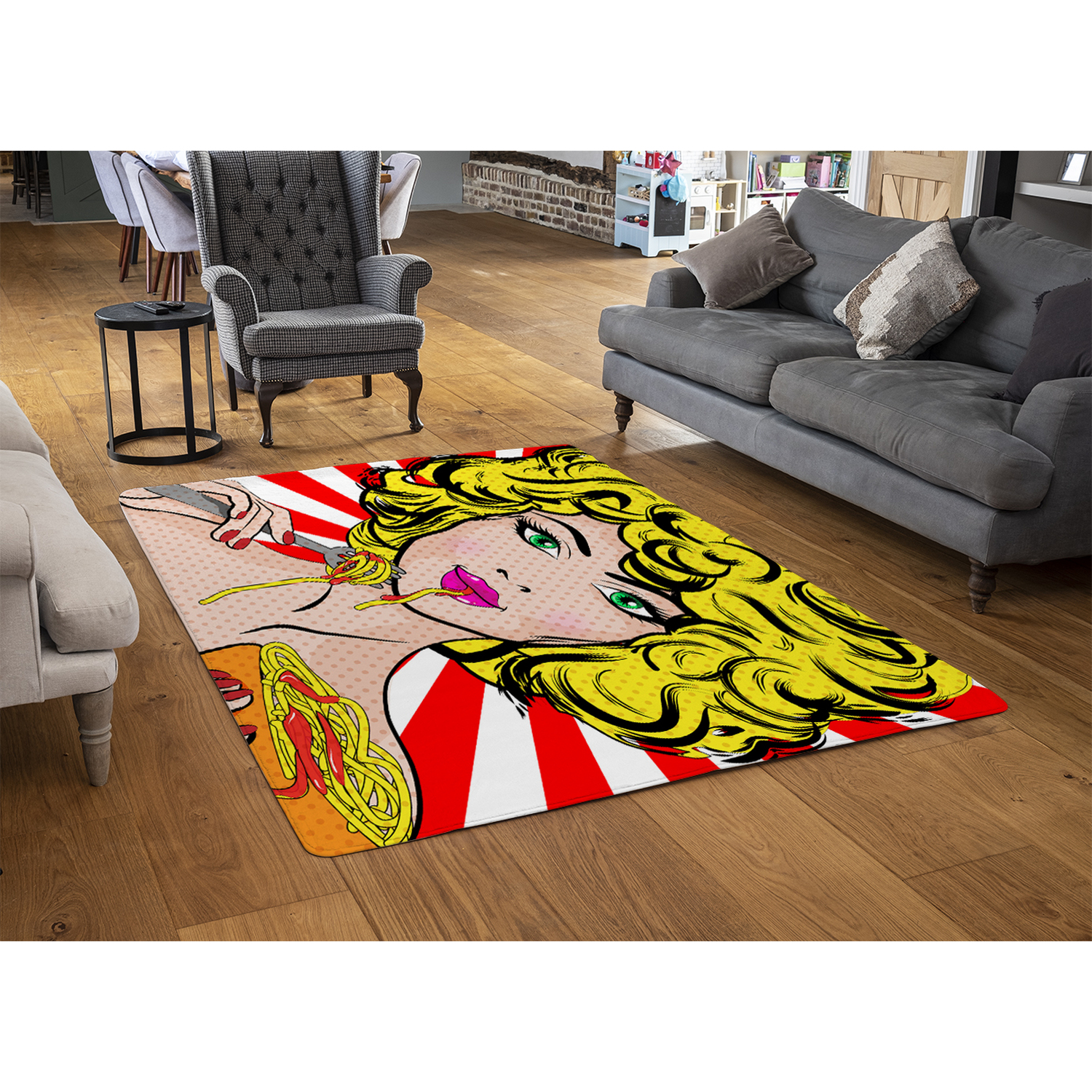 Pop Art Young Woman Eating Spaghetti Designer Rug