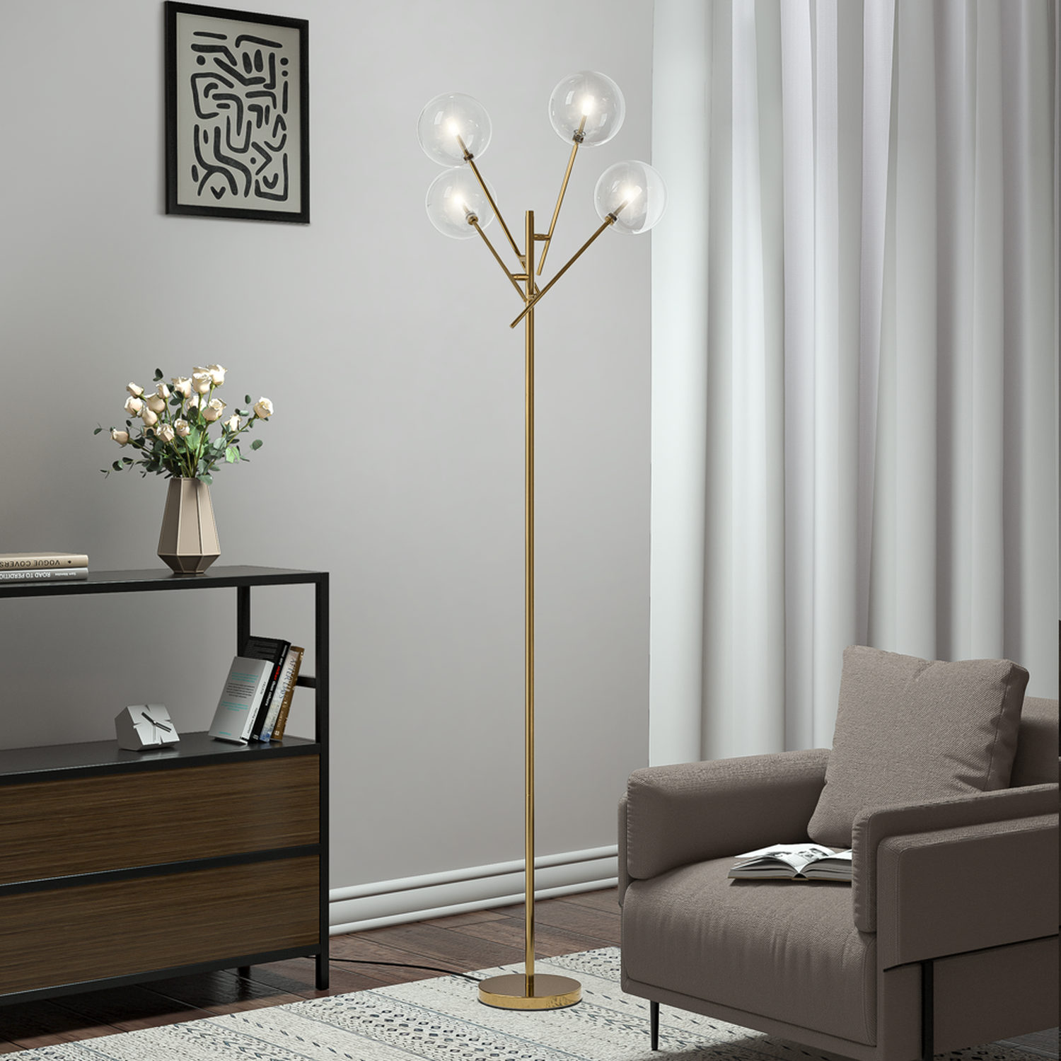 Modern Multi Heads Floor Lamp Uplighter With Transparent Glass Lampshade