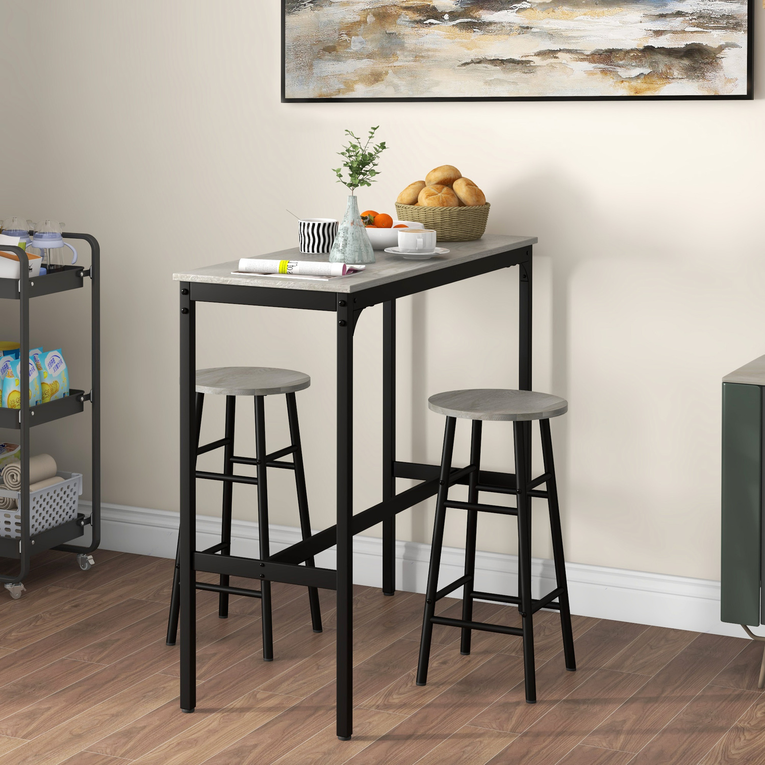 HOMCOM 3 Piece Bar Table Set with 2 Stools for Small Space