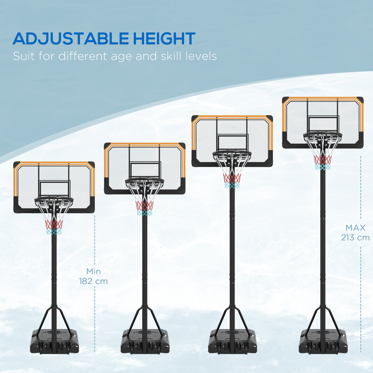 Basketball Backboard Hoop Net Set with Wheels, 182-213cm, Black