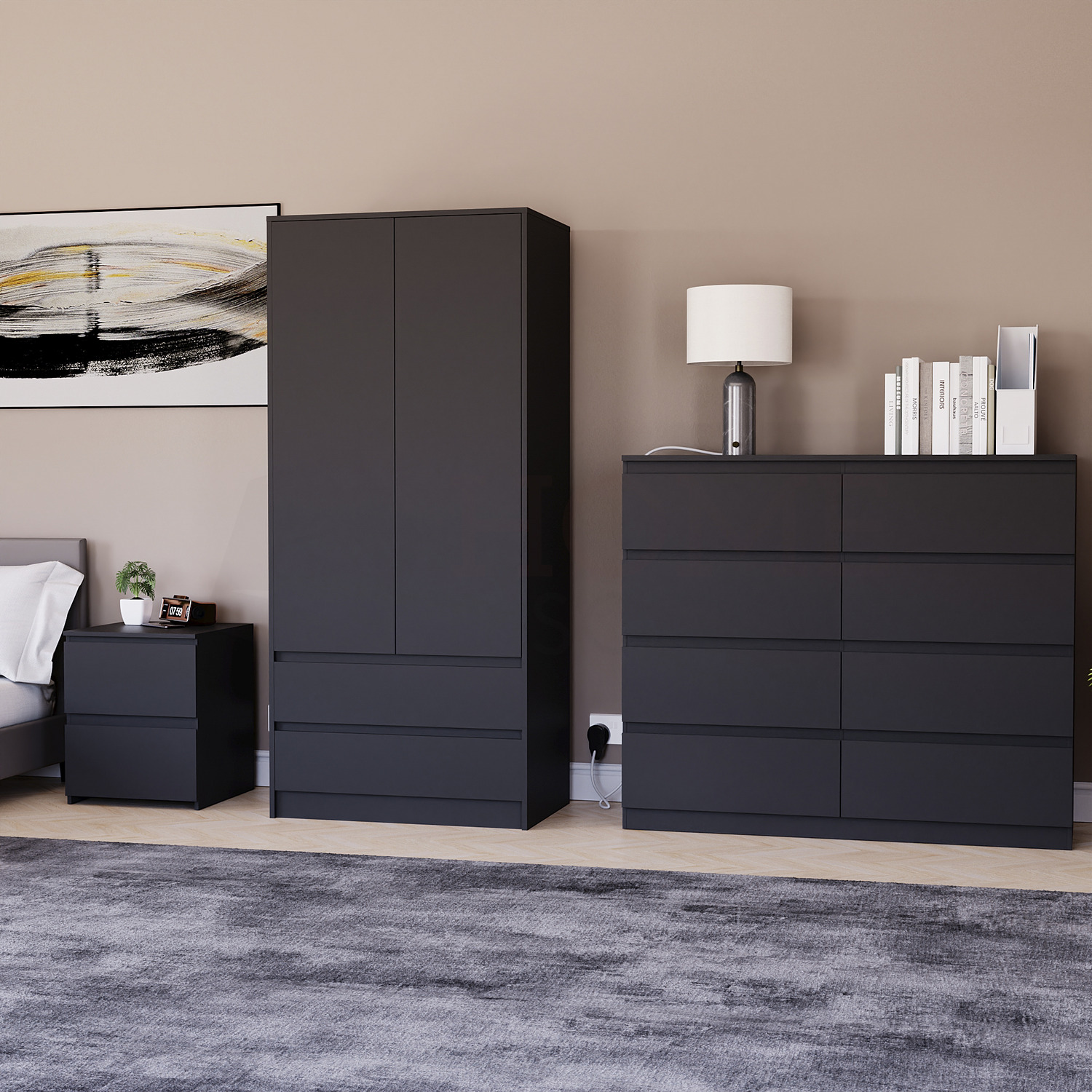 Denver Bedroom Set (2 Drawer Bedside, 8 Drawer Chest, 2 Door 2 Drawer ...