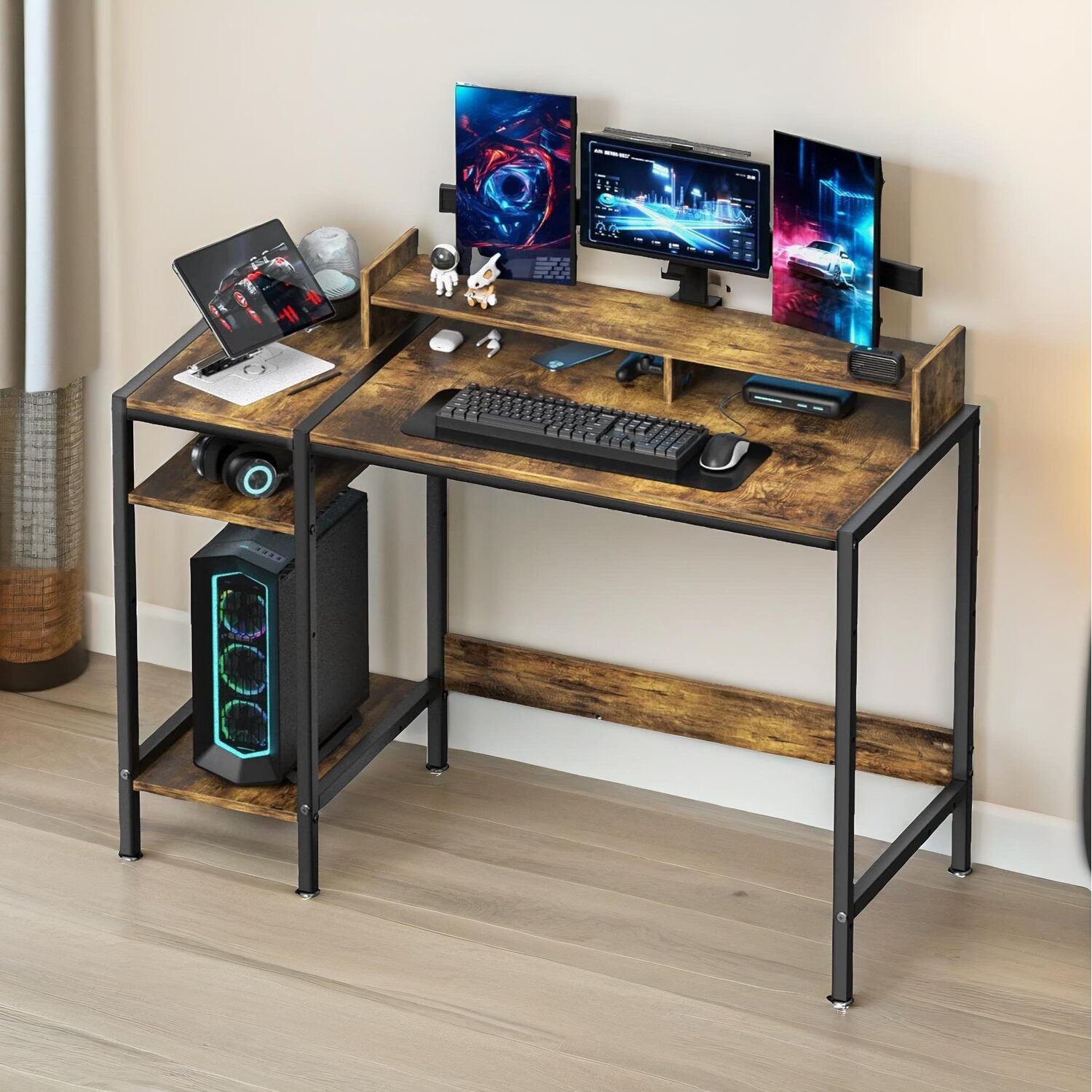 Industrial Computer Desk With Monitor Stand And Shelves