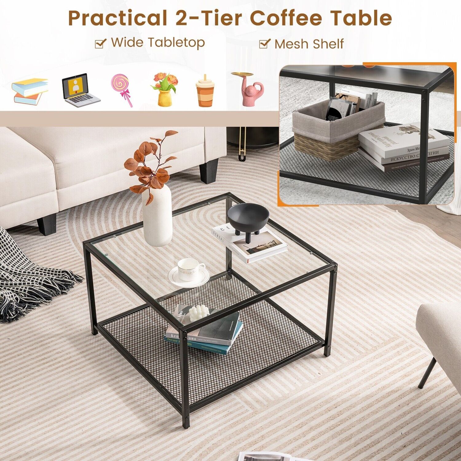 Tempered Glass Sofa Side Table Accent Center Table