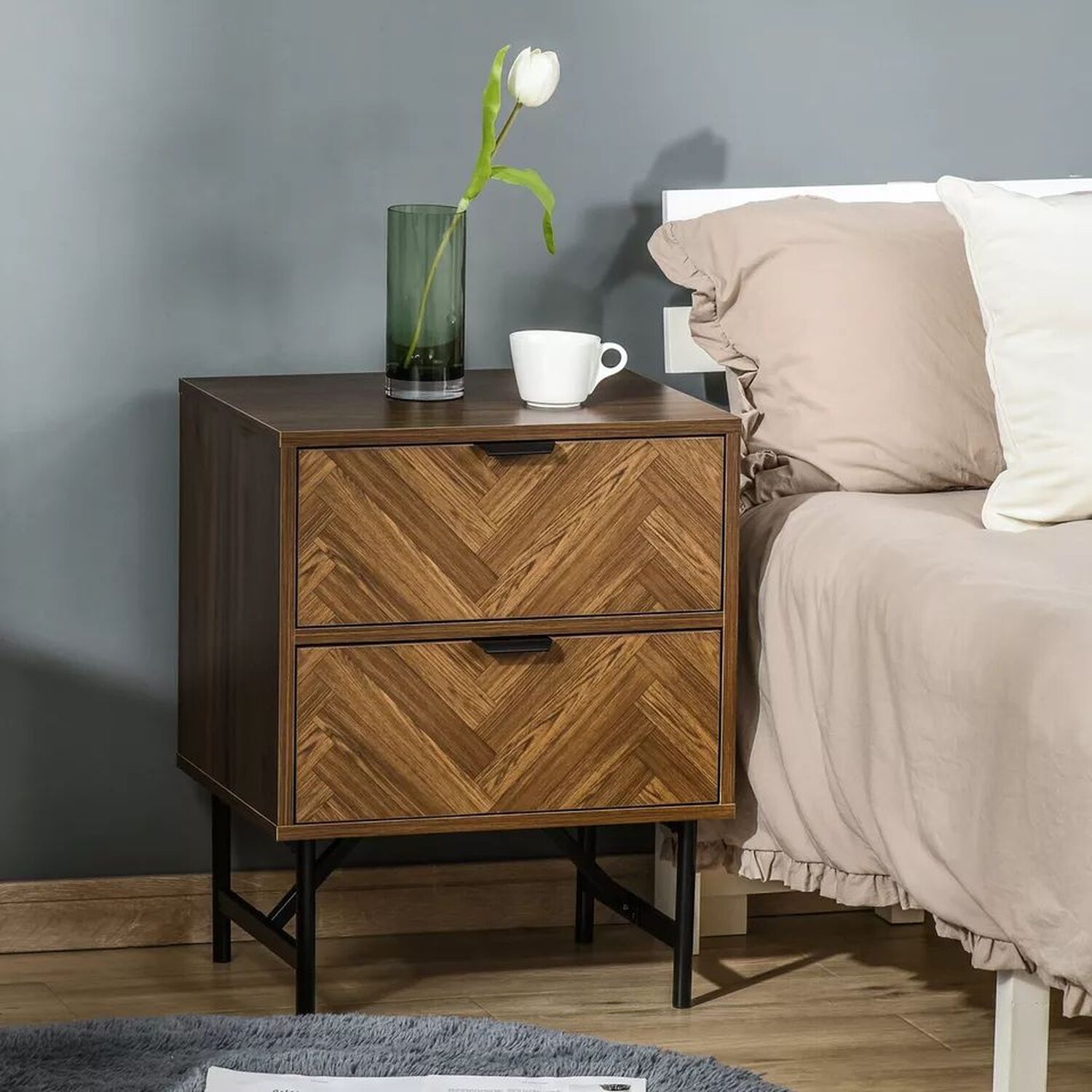 2 Drawer Wooden Chevron Bedside Table