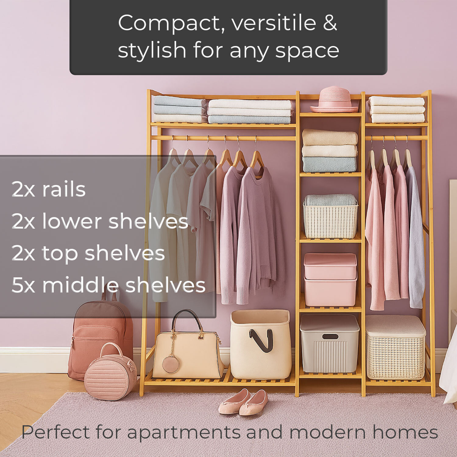Neo Natural Bamboo Freestanding Open Clothes Rail and Shelves