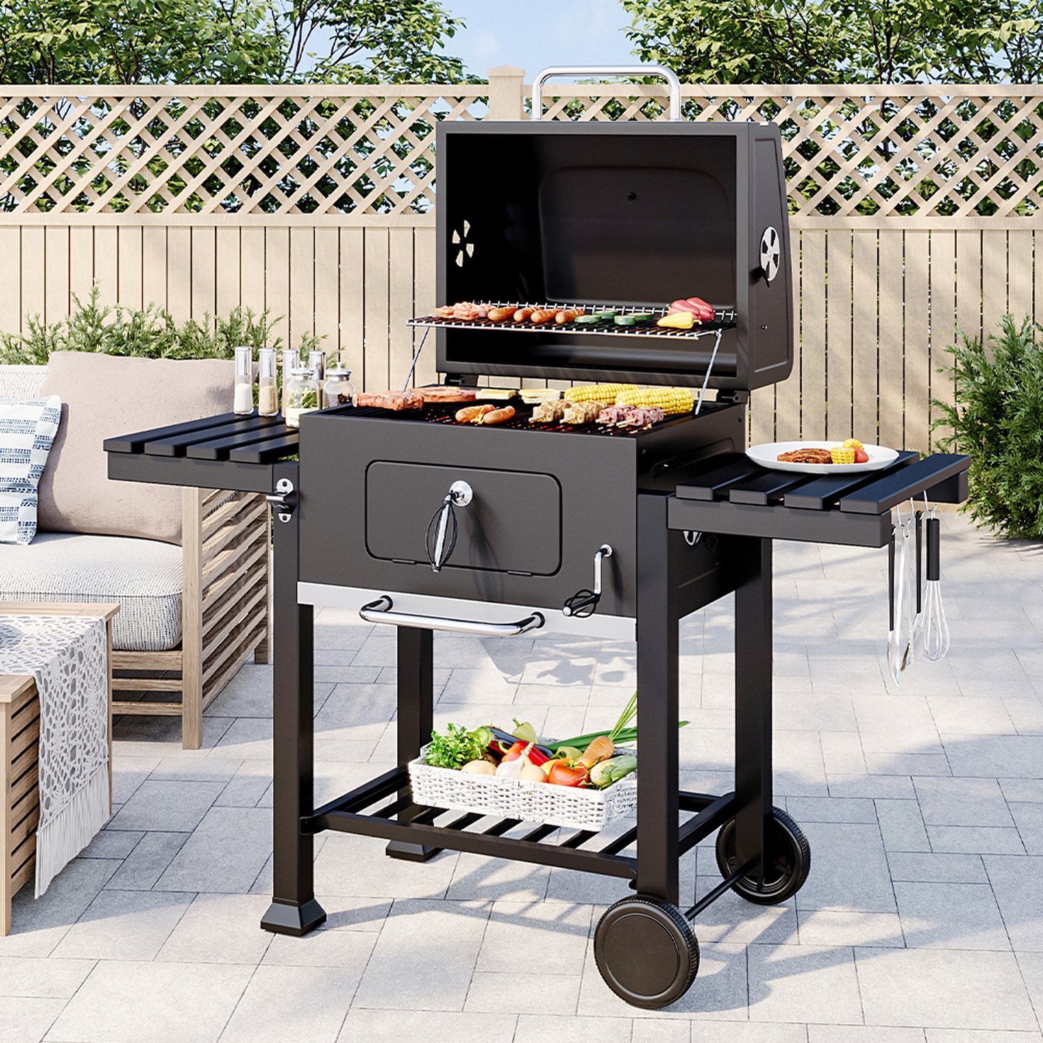 HomeScape Mobile BBQ Cooker with Side Shelves