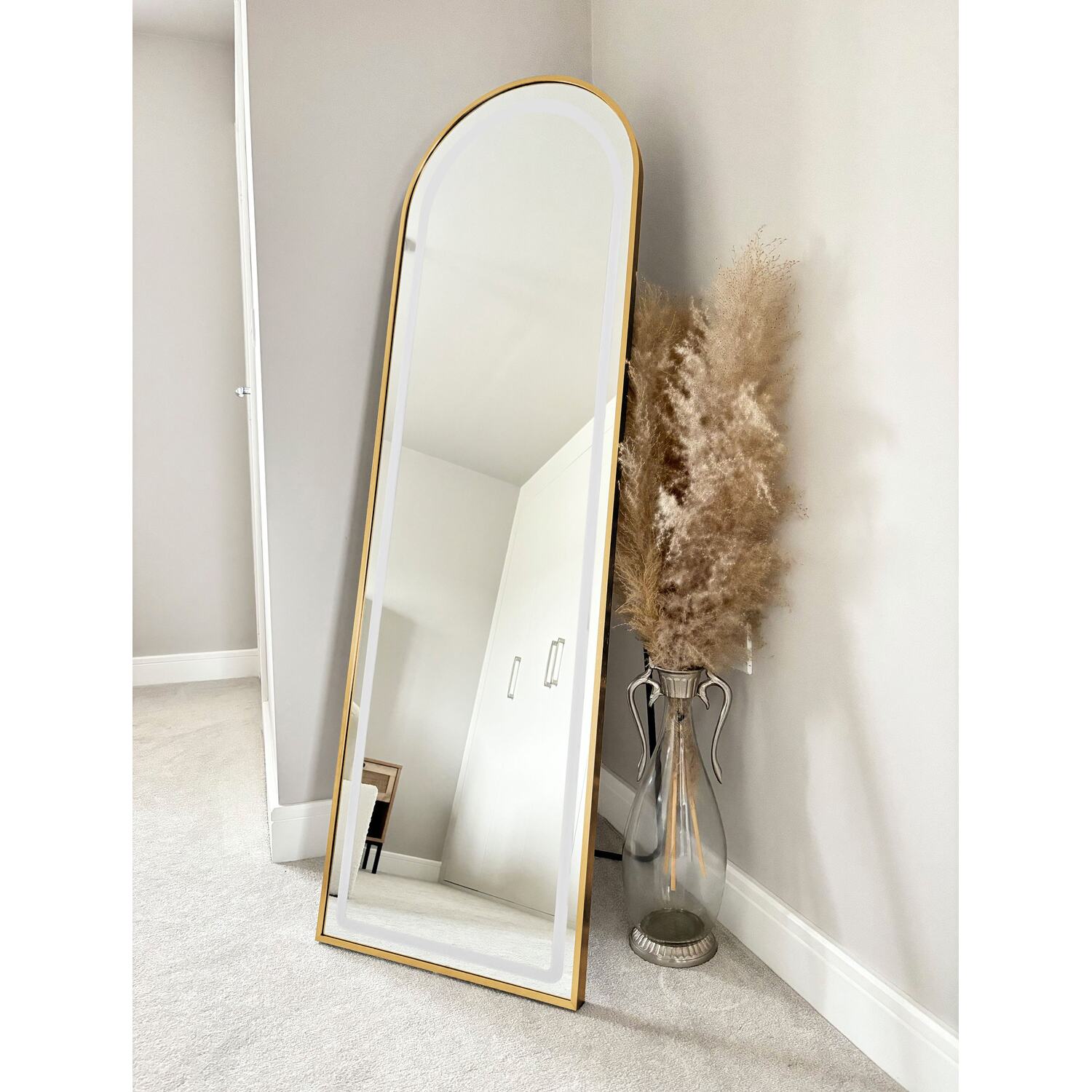 Gold Arched LED Metal Frame Mirror Wall & Floor Standing - 145 x 45cm