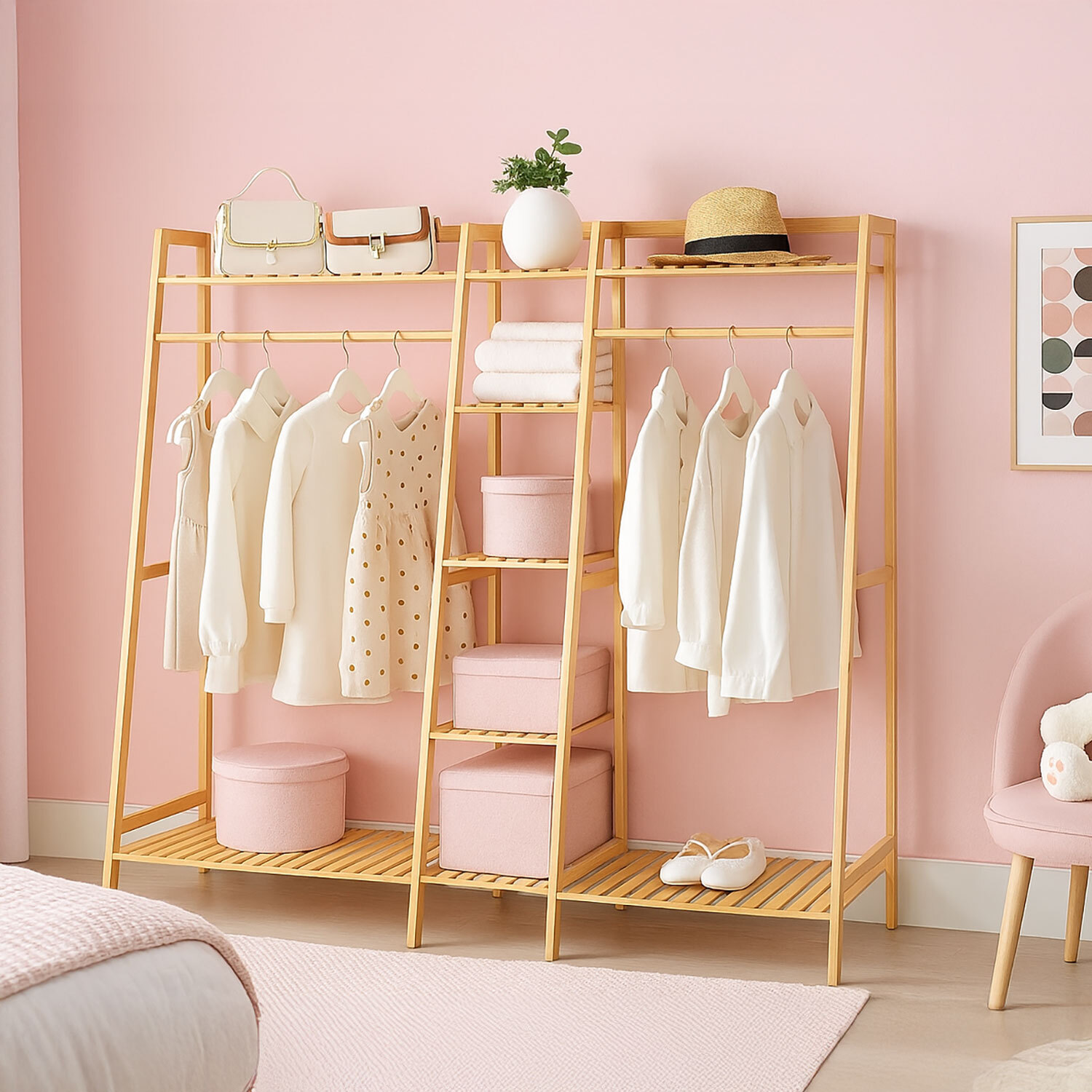 Neo Natural Bamboo Freestanding Open Clothes Rail and Shelves