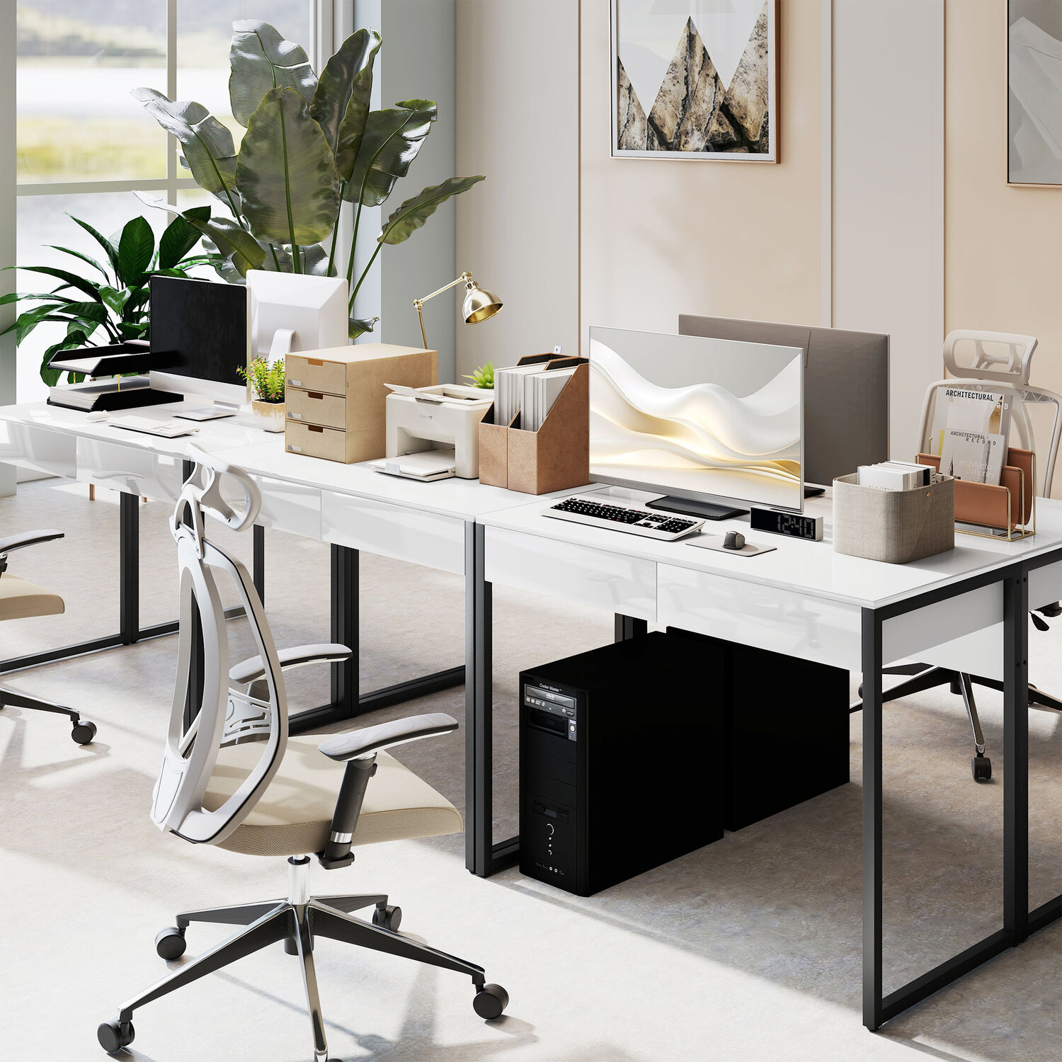 HOMCOM High Gloss Computer Desk with 2 Drawers for Small Spaces