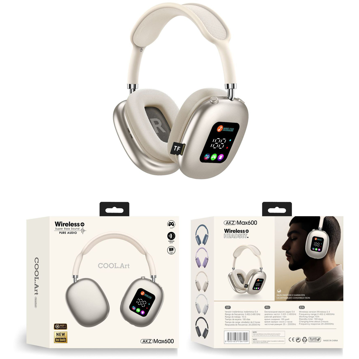 Wireless Head-mounted Bluetooth Headphones with Screen Digital Display