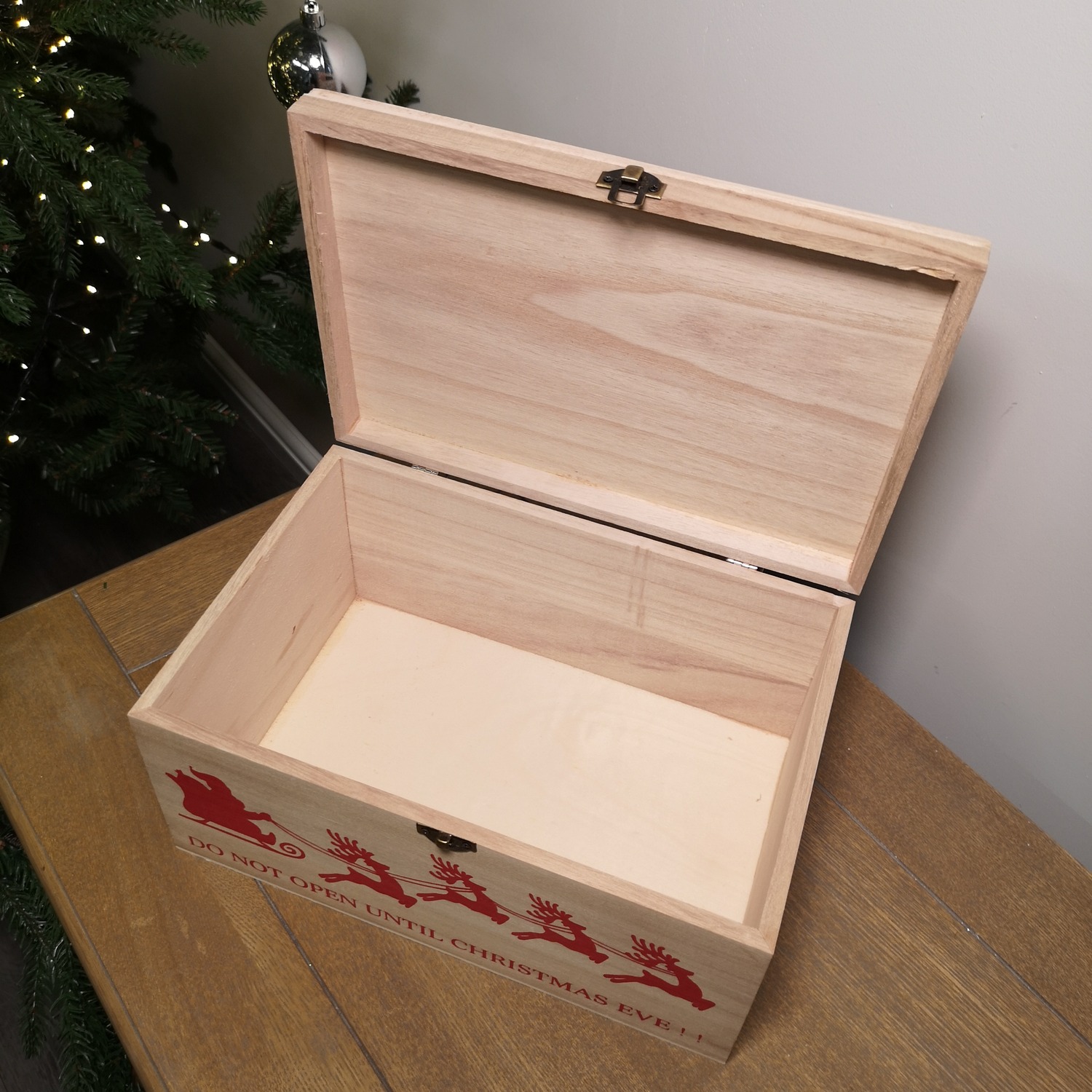 Wooden Christmas Eve Gift Box with Personalisable Name Plate and Red ...