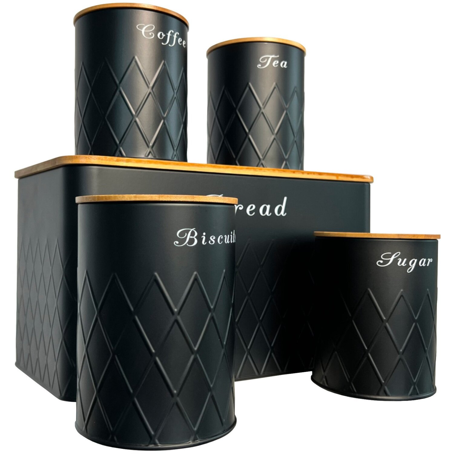 5pc Black Bamboo Lid Kitchen Canister Storage Tin Set