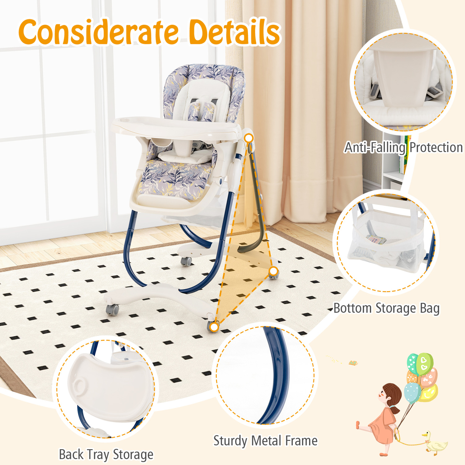 Folding Baby Highchair with Rolling Wheels