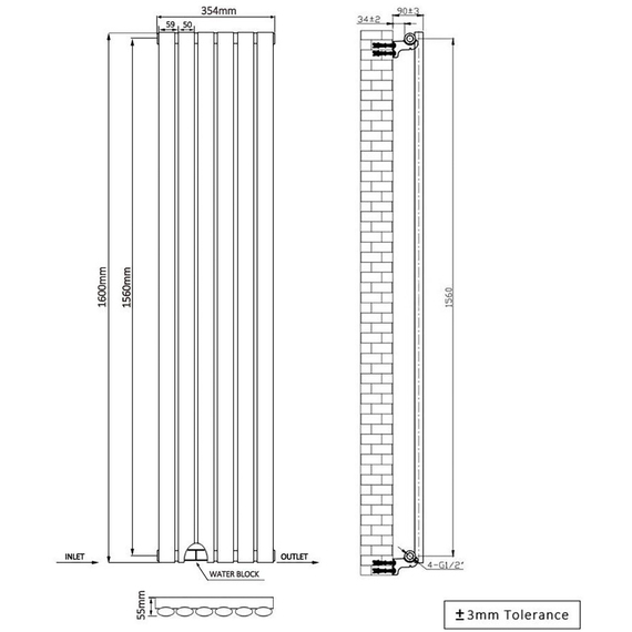 Oval Single Panel Vertical Radiator Anthracite 1600mm Tall