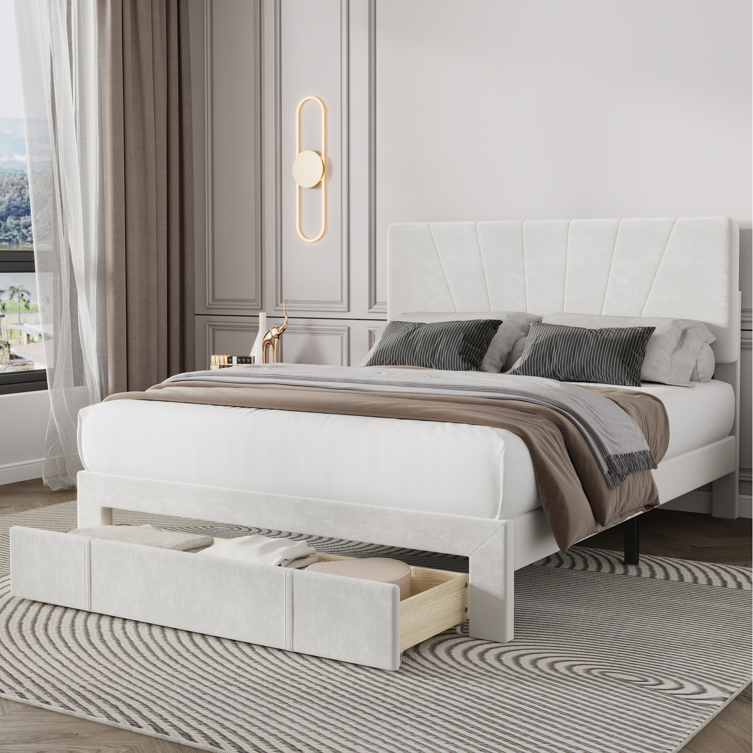 Velvet Upholstered Bed Frame with Large Drawer